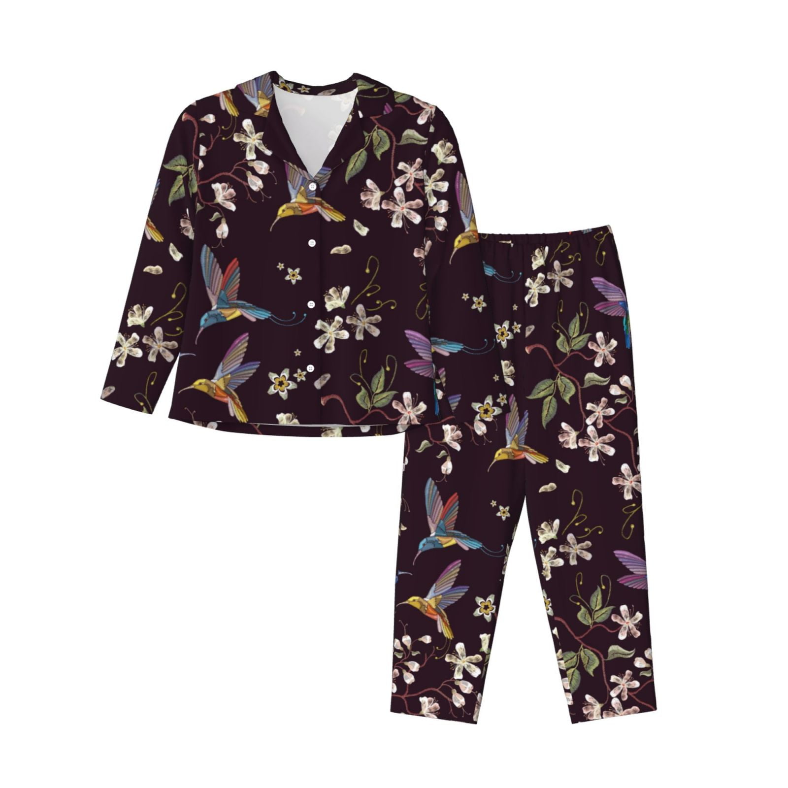 Pajamas for Women Set - Hummingbird Floral Print Black Soft Comfy Long ...