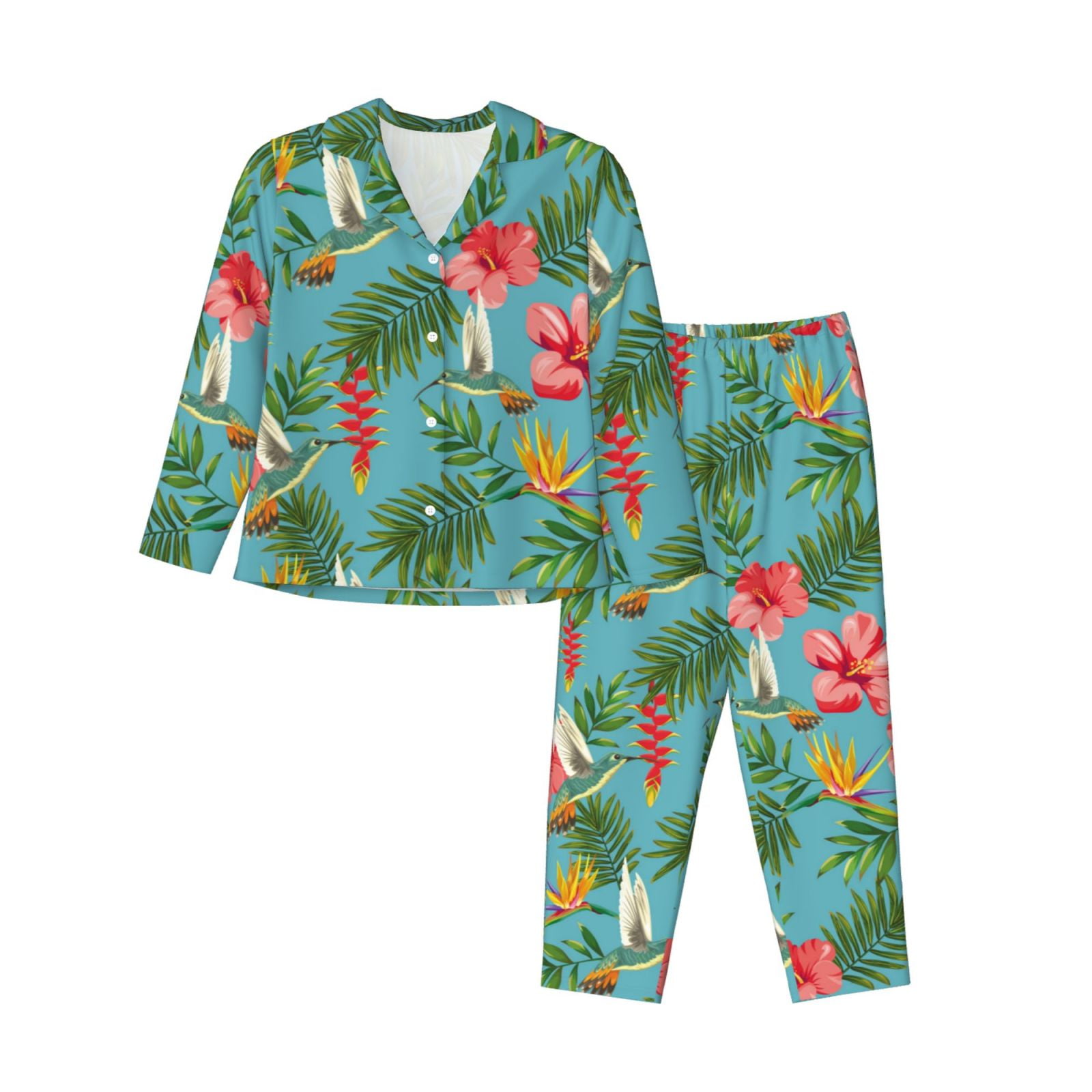 Pajamas for Women Set - Hummingbird Green Leaf Red Hibiscus Soft Comfy ...