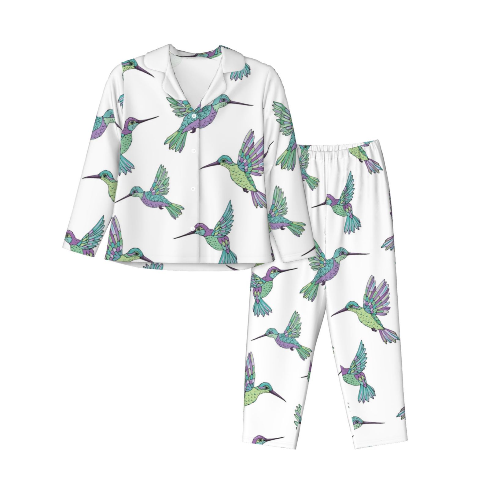 Pajamas for Women Set - Hummingbird Print White Soft Comfy Long Sleeve ...