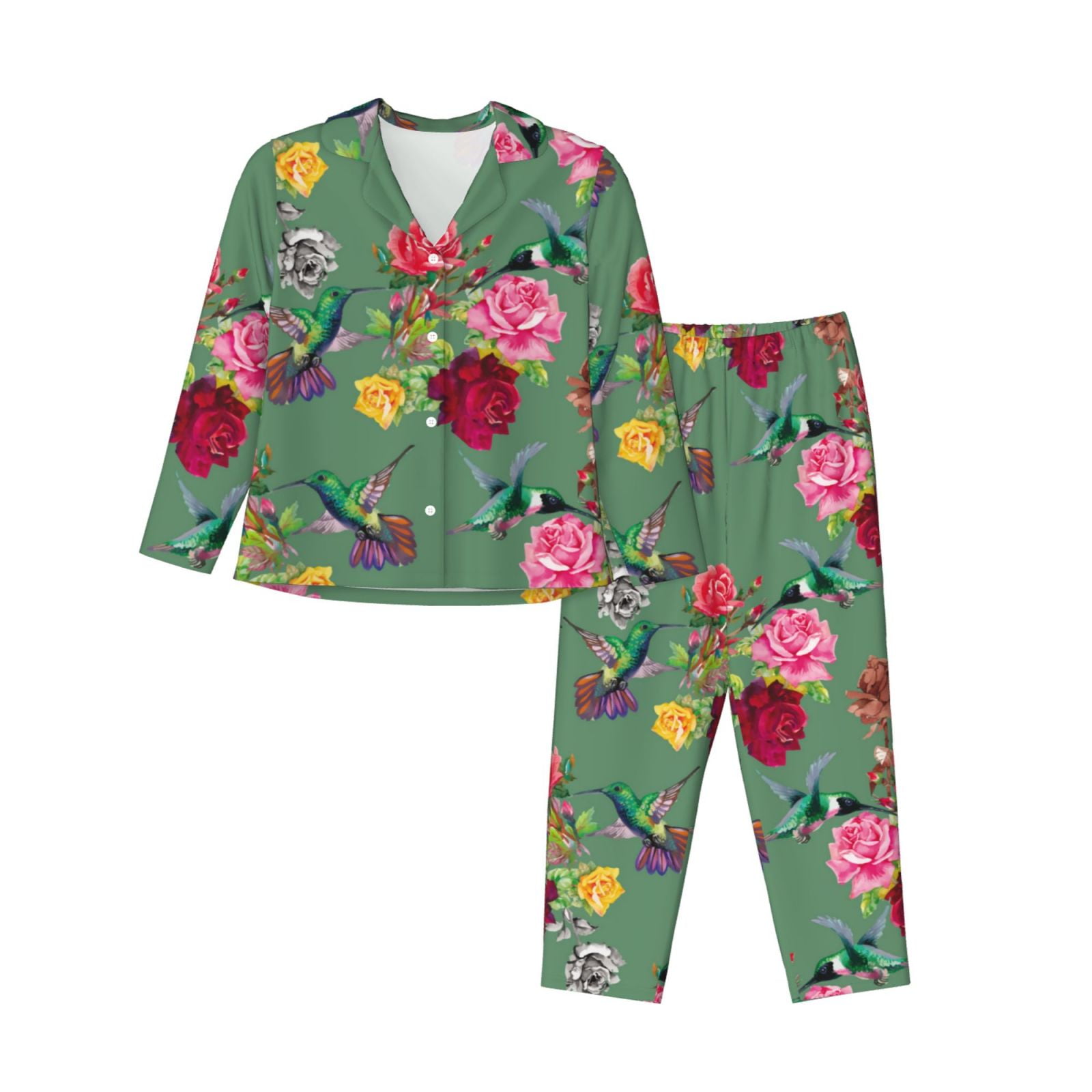 Pajamas for Women Set - Hummingbird Rose Comfy Long Sleeve Button Up ...