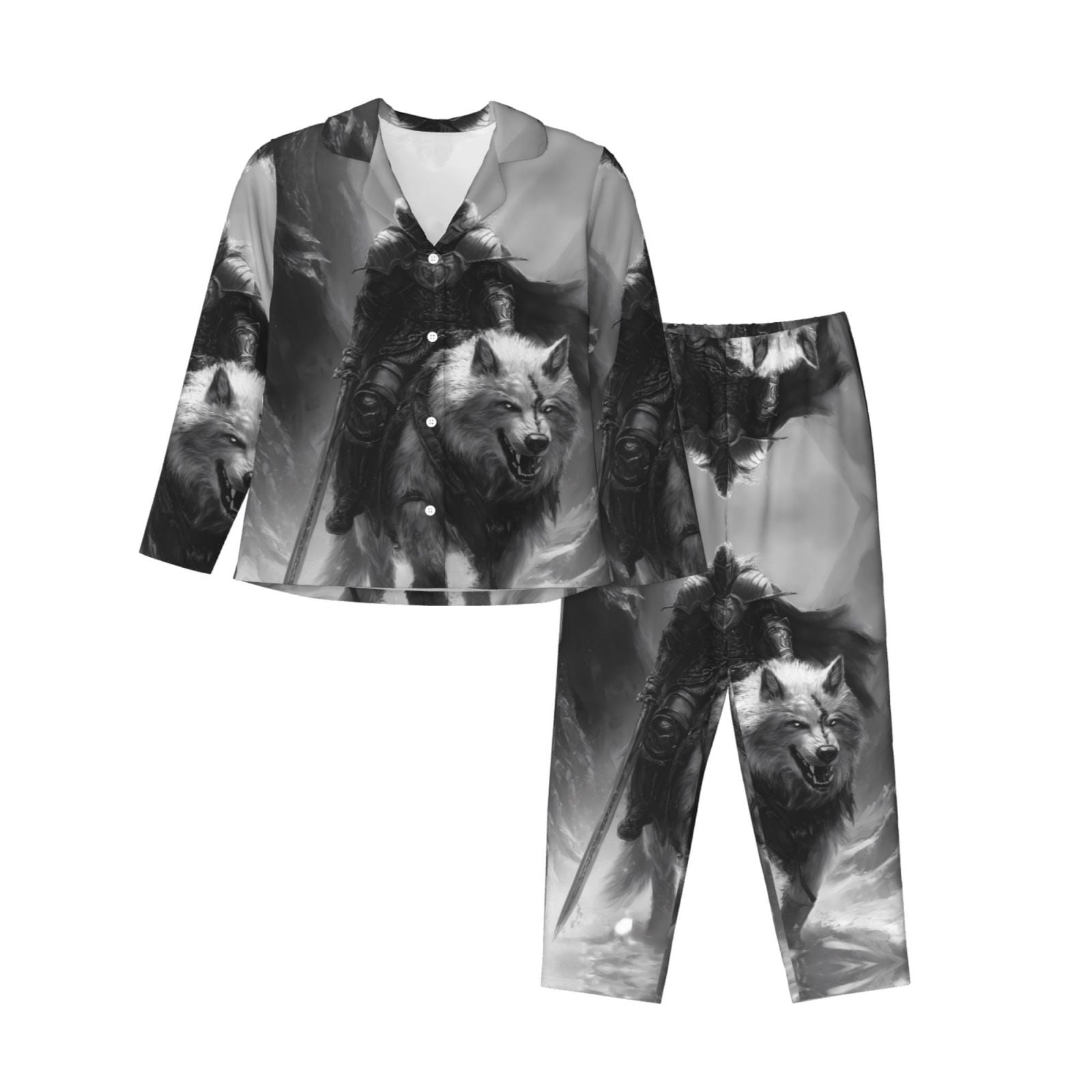 Pajamas for Women Set - Knight Riding Giant Wolf Comfy Long Sleeve ...