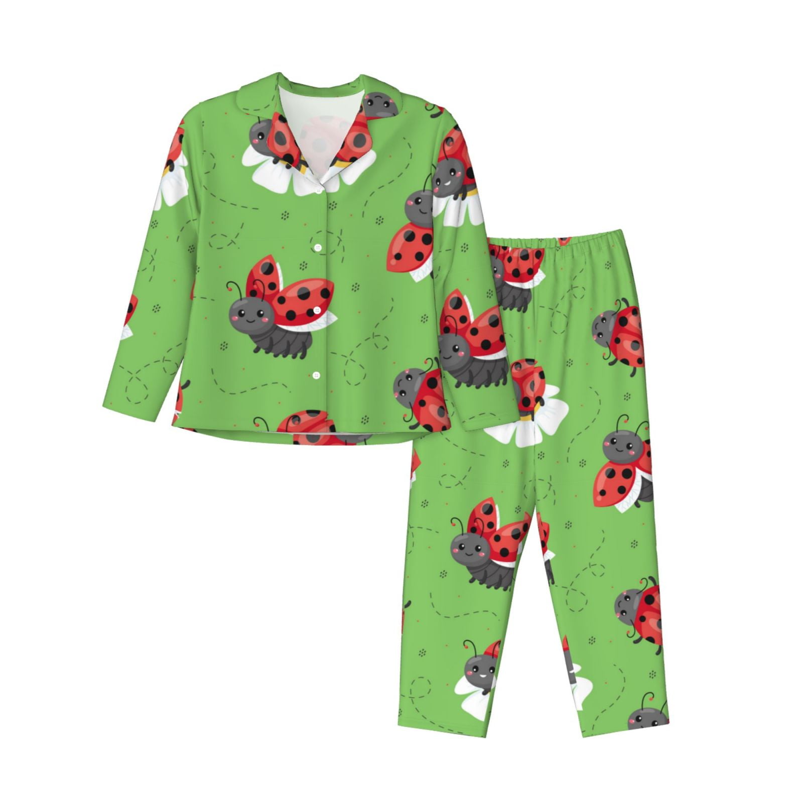 Pajamas for Women Set - Ladybug Green Soft Comfy Long Sleeve Button Up ...