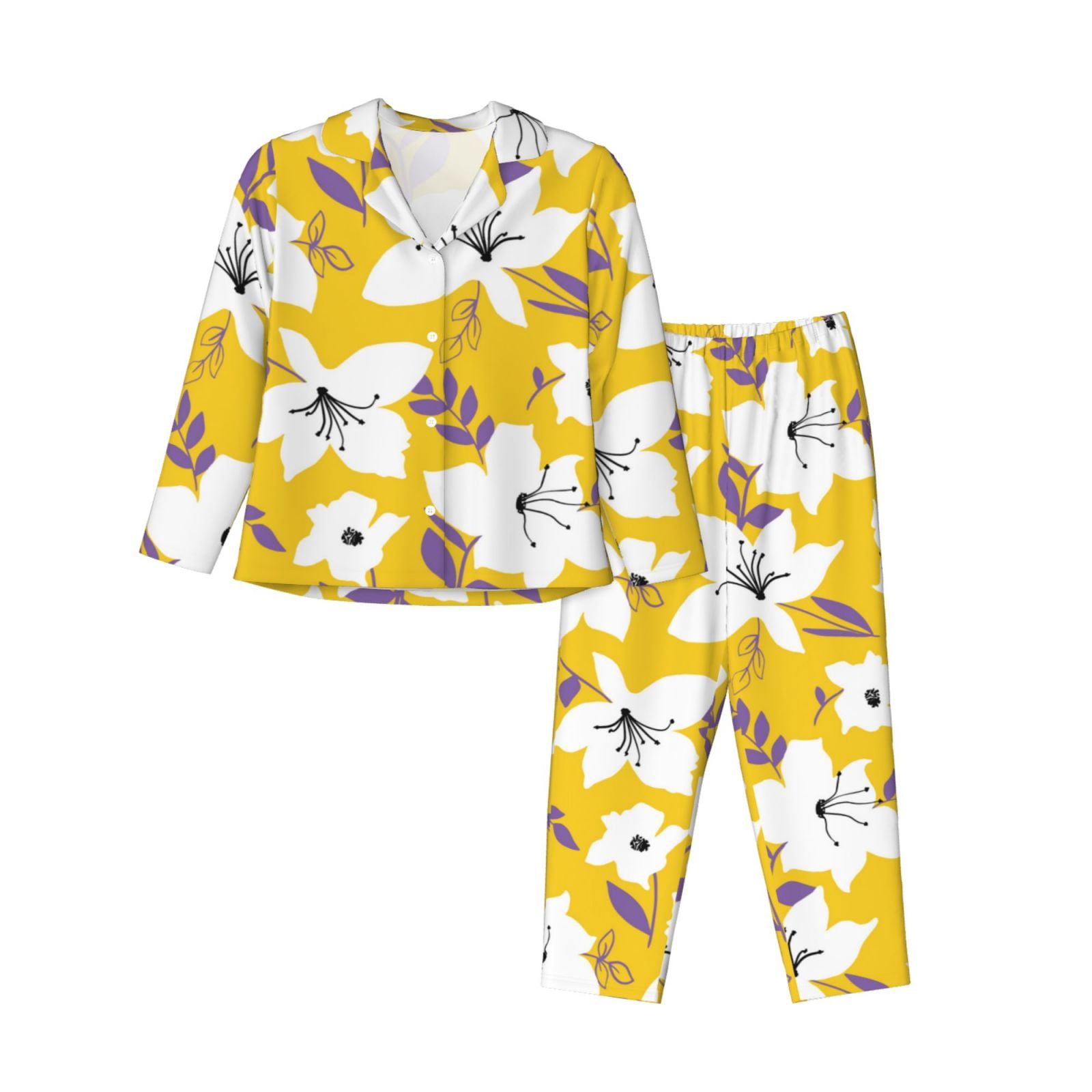 Pajamas for Women Set - Lilies Flowers Yellow Comfy Long Sleeve Button ...