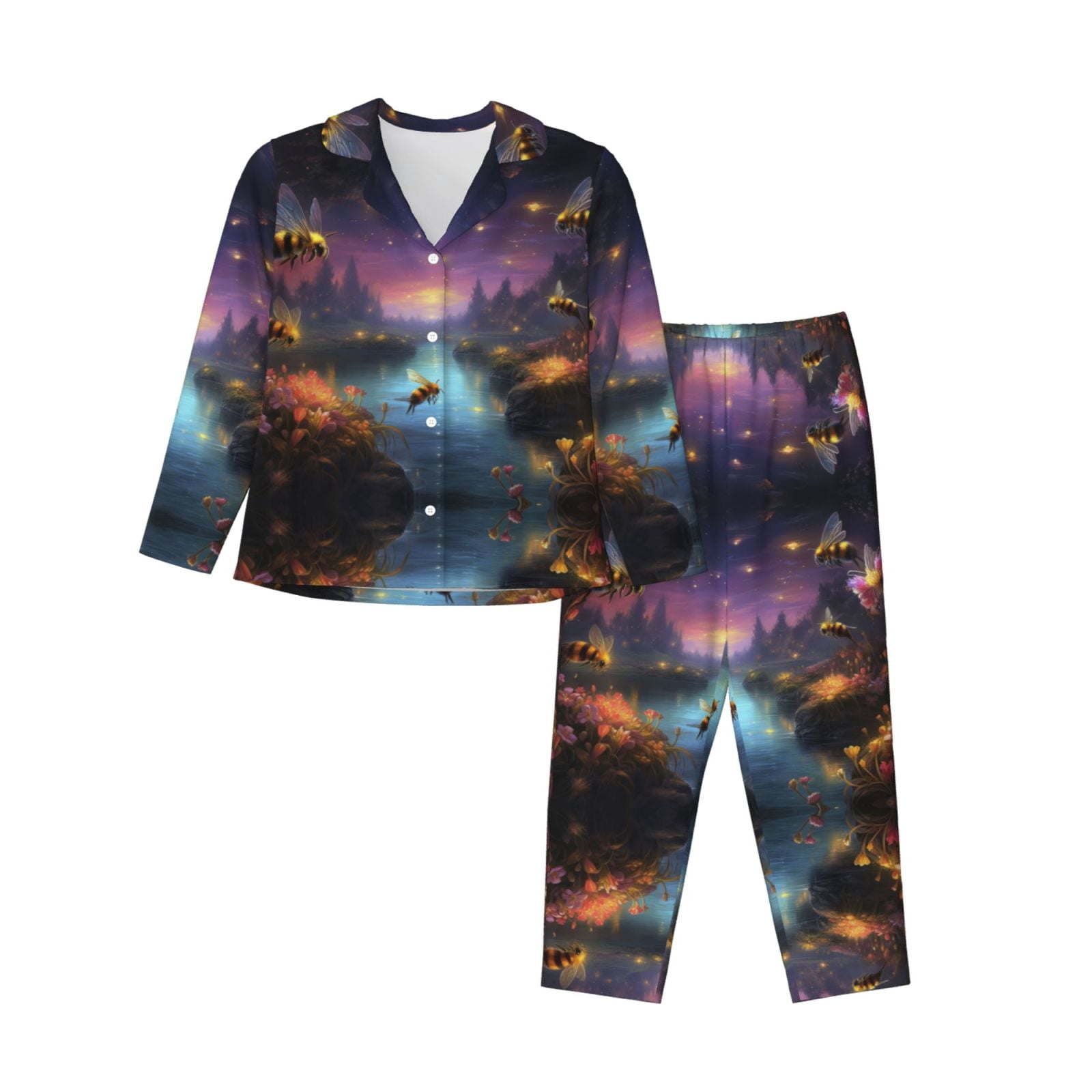 Pajamas for Women Set - Magical Bees Twilight River Comfy Long Sleeve ...