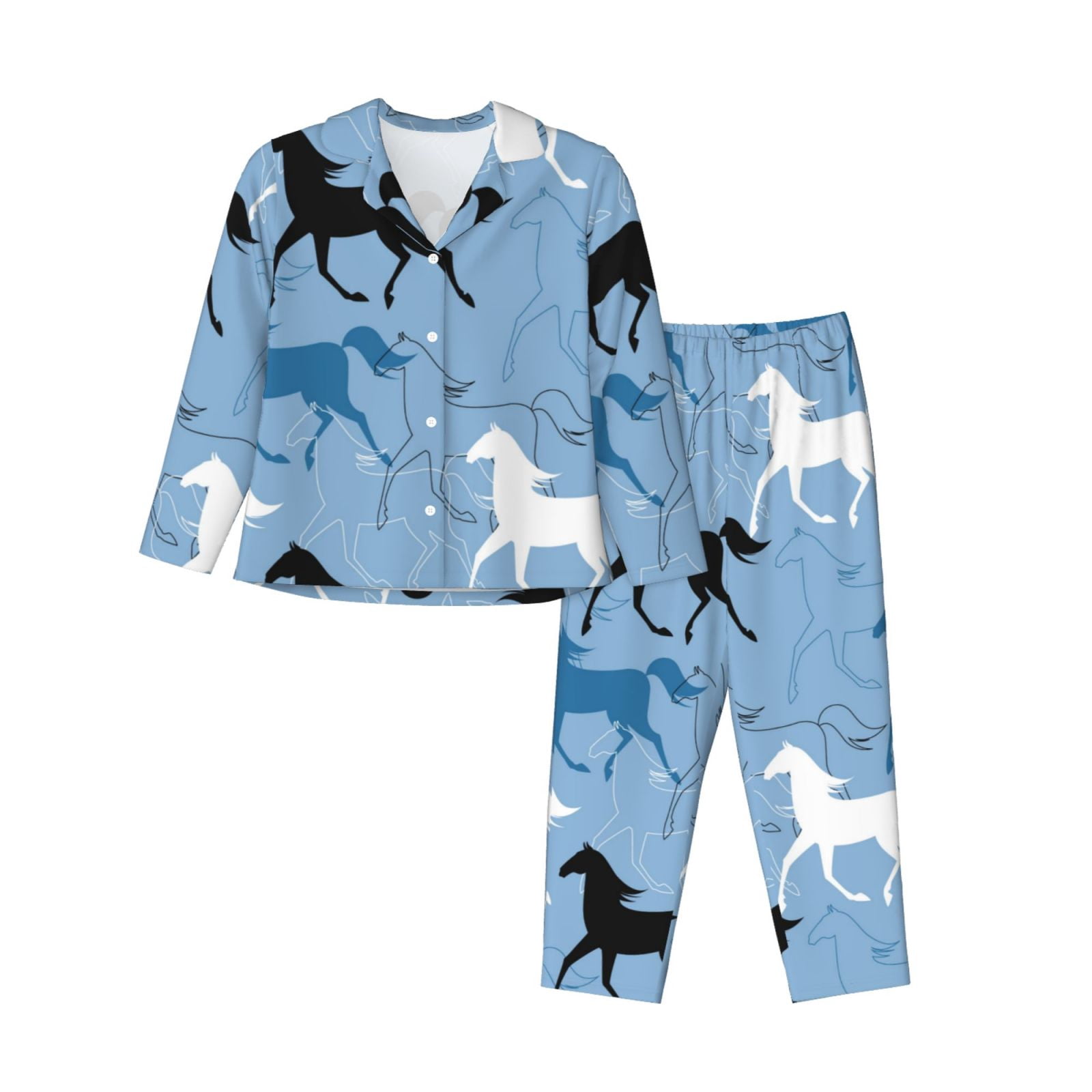 Pajamas for Women Set - Minimalist Line Horse Black White Soft Comfy ...