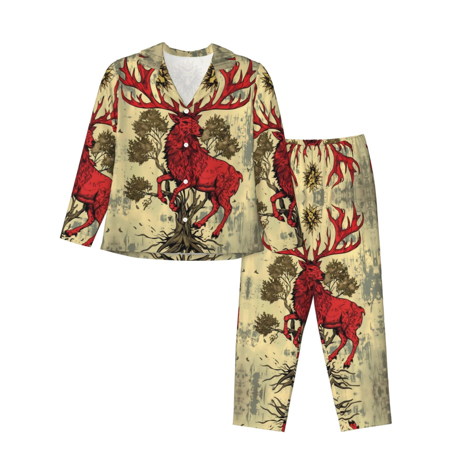 Pajamas for Women Set - Mythical Red Stag Illustration Comfy Long ...