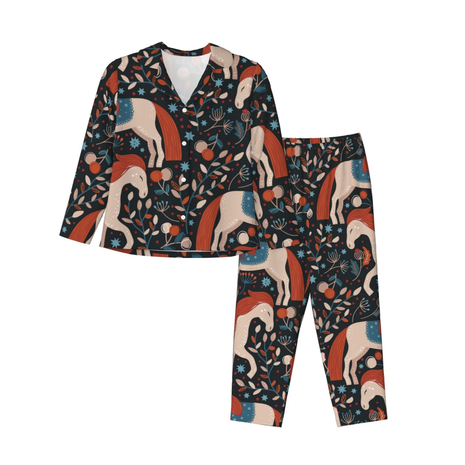 Pajamas for Women Set - Nordic Art Cartoon Cute Horse Soft Comfy Long ...
