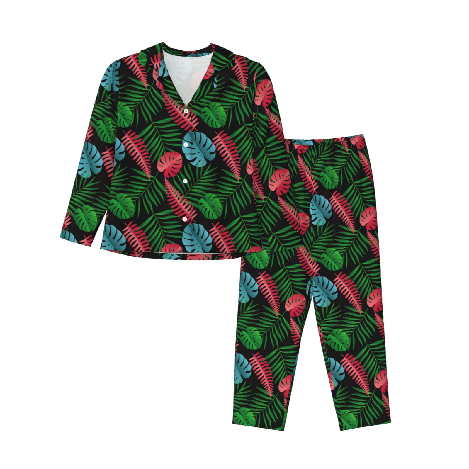 Pajamas for Women Set - Palm Green Leaves Comfy Long Sleeve Button Up ...
