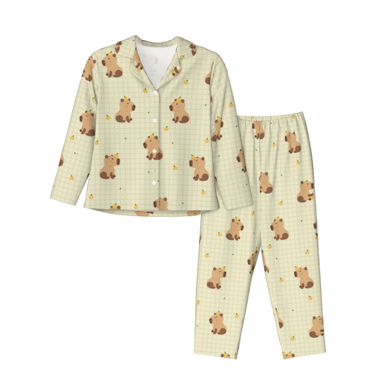 Pajamas for Women Set - Plaid Capybara Comfy Long Sleeve Button Up ...