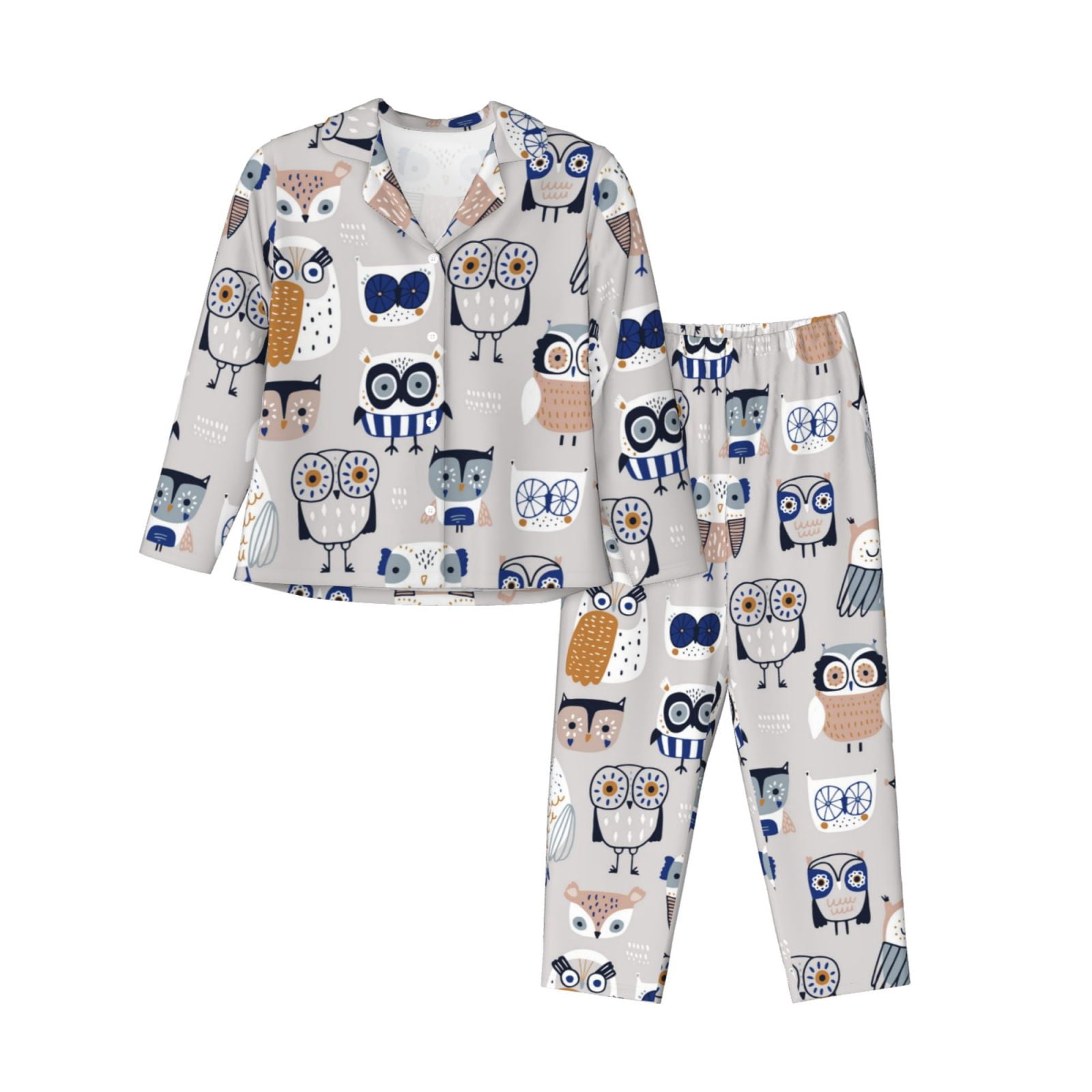Pajamas for Women Set - Quirky Doodle Owl Grey Soft Comfy Long Sleeve ...