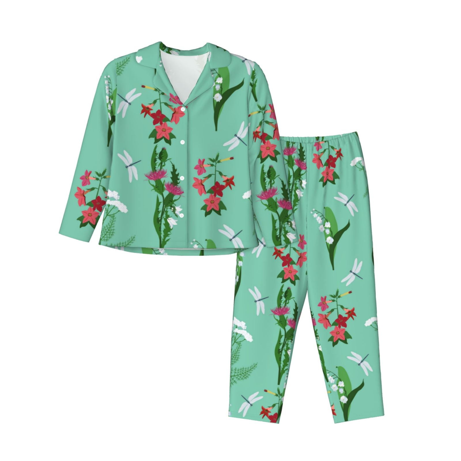 Pajamas for Women Set - Saffron Greenery Soft Comfy Long Sleeve Button ...