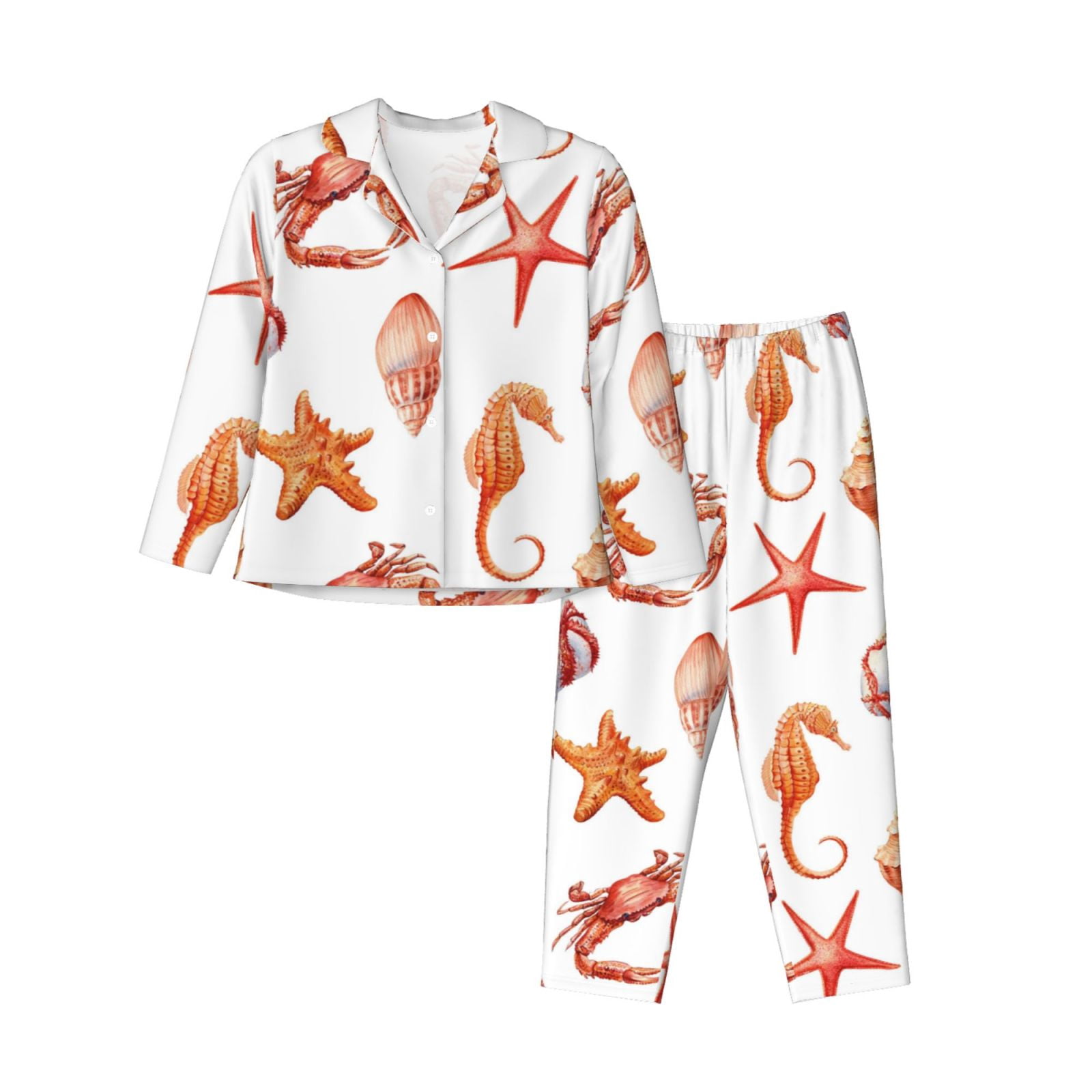 Pajamas for Women Set - Seahorse Starfish Crab Soft Comfy Long Sleeve ...