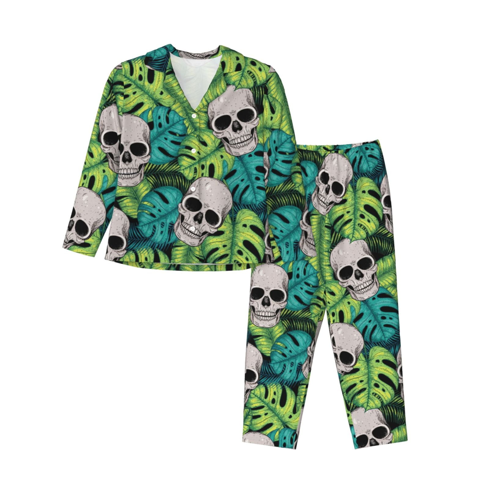 Pajamas for Women Set - Skull and Palm Leaves Soft Comfy Long Sleeve ...