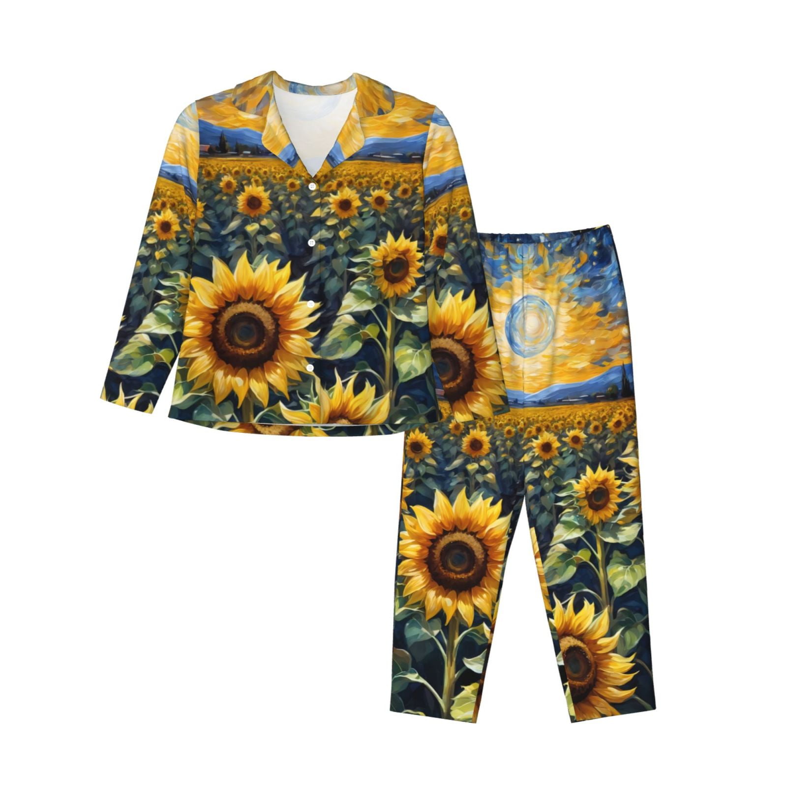 Pajamas for Women Set - Starry Sky Moon Sunflower Comfy Long Sleeve ...