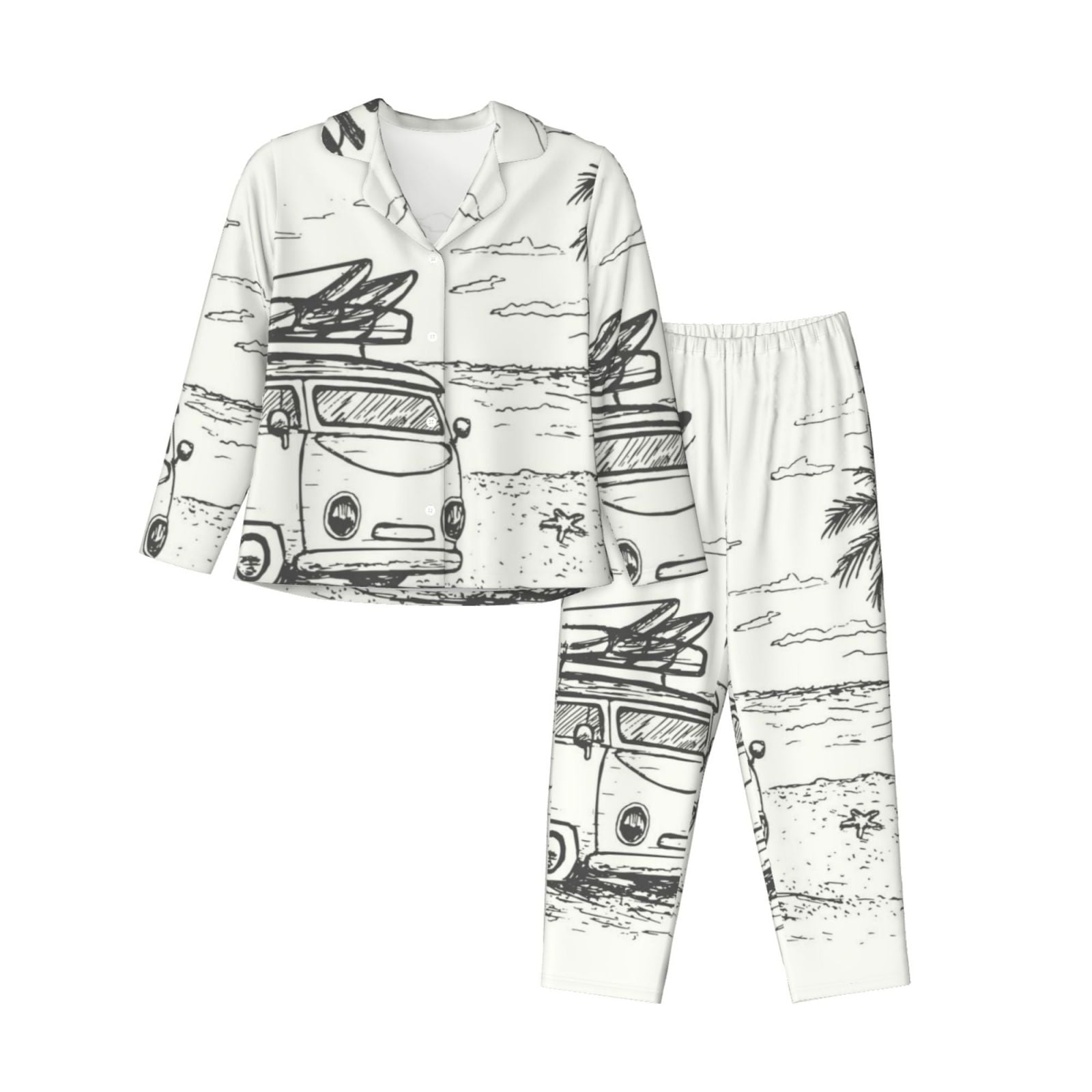 Pajamas for Women Set - Summer Vacation Scene Camping Van Comfy Long ...