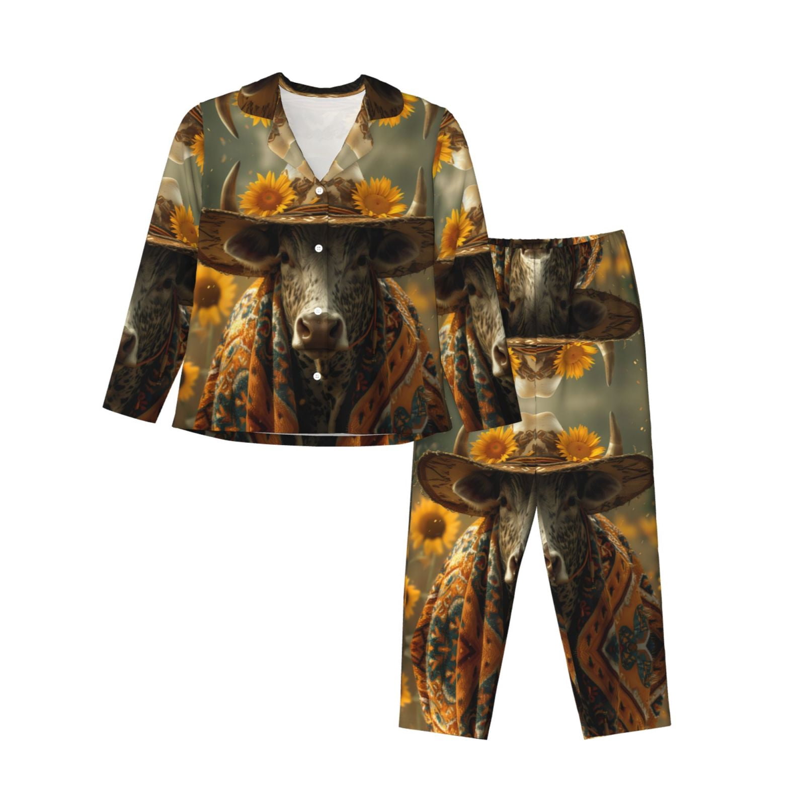 Pajamas for Women Set - Sunflower Cowboy Hat Cow Comfy Long Sleeve ...