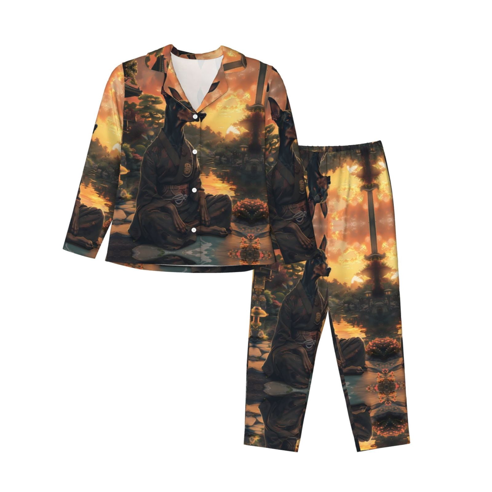 Pajamas for Women Set - Sunset Meditating Doberman Comfy Long Sleeve ...