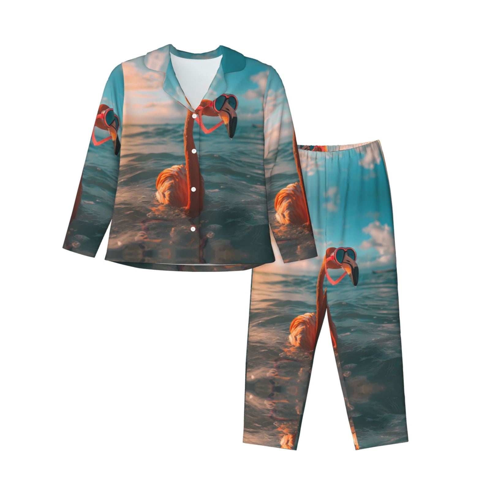 Pajamas for Women Set - Swimming Goggled Flamingo Comfy Long Sleeve ...