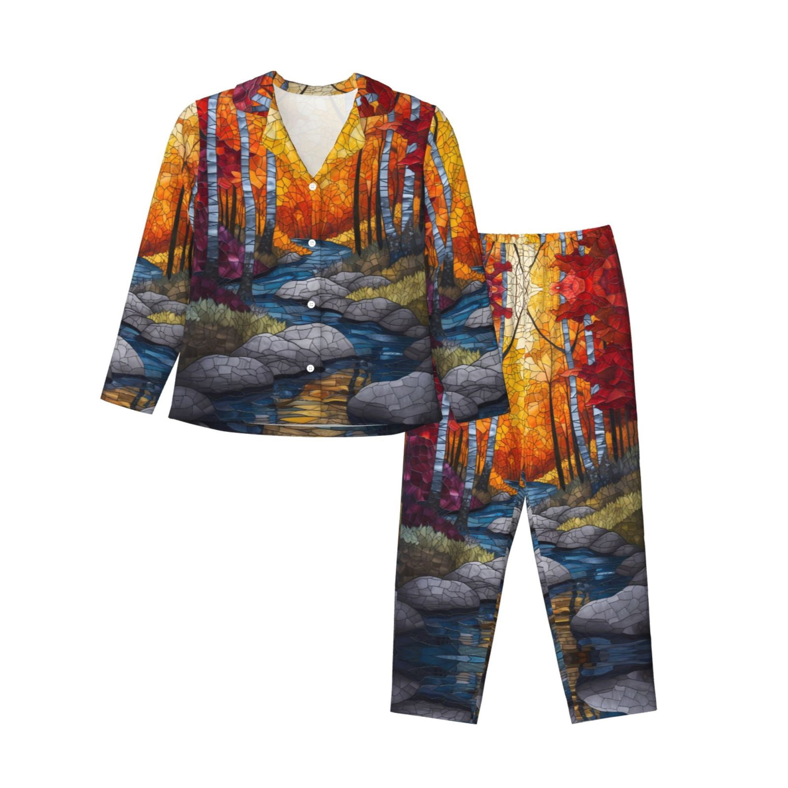 Pajamas for Women Set - Tiffany Style Autumn Forest Comfy Long Sleeve ...
