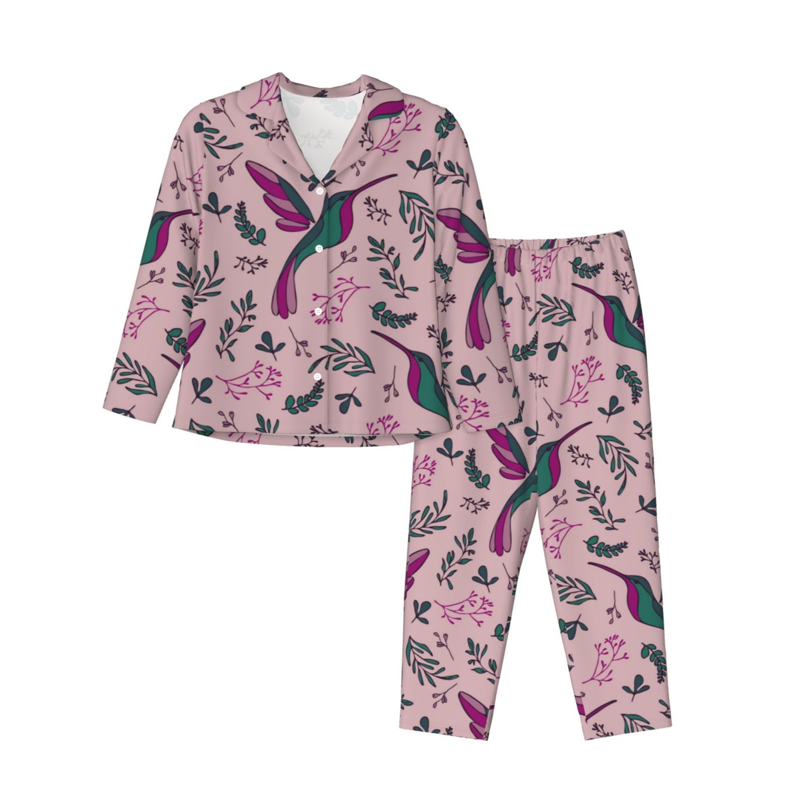 Pajamas for Women Set - Traditional Hummingbird Print Comfy Long Sleeve ...