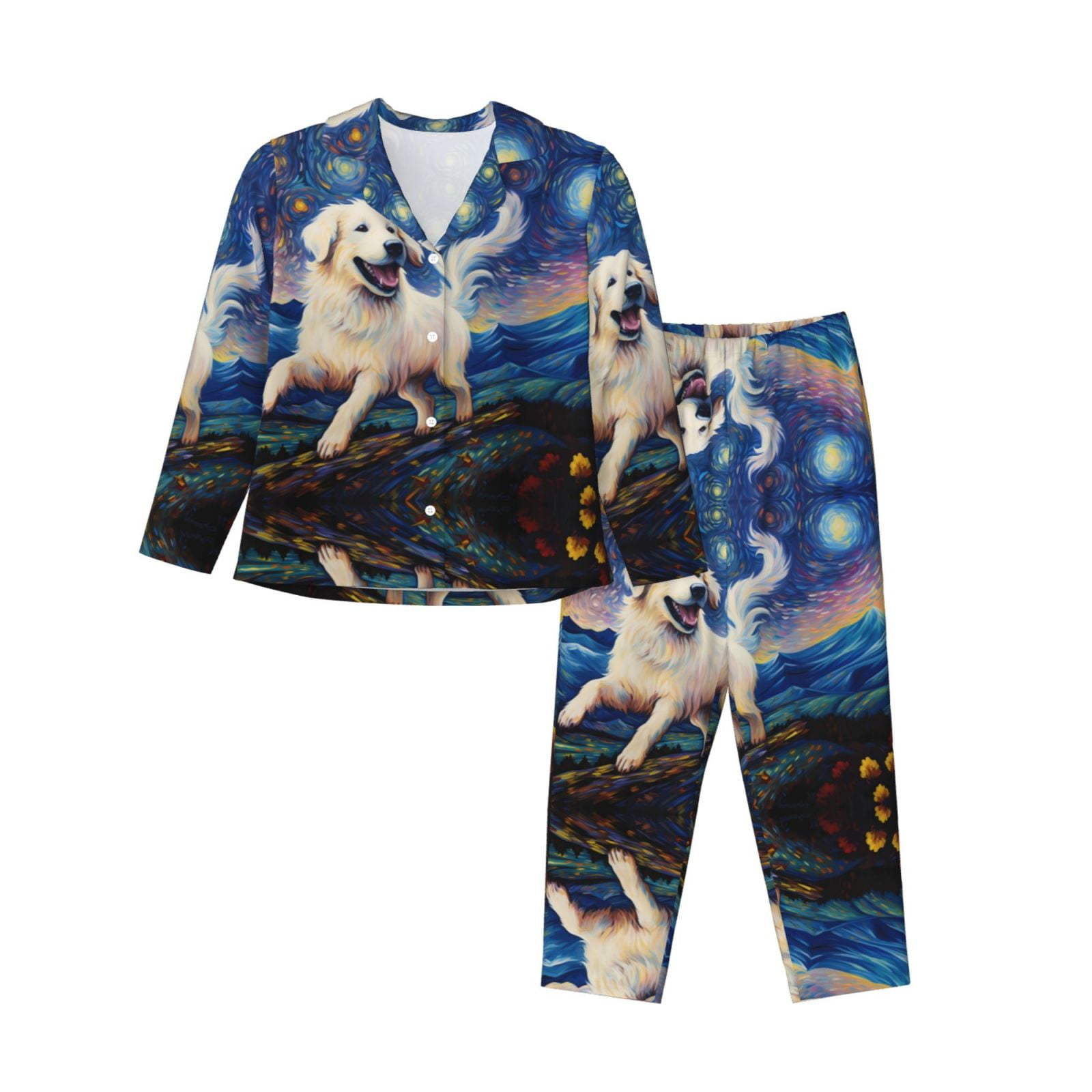 Pajamas for Women Set - Vintage Starry Sky Puppy Comfy Long Sleeve ...