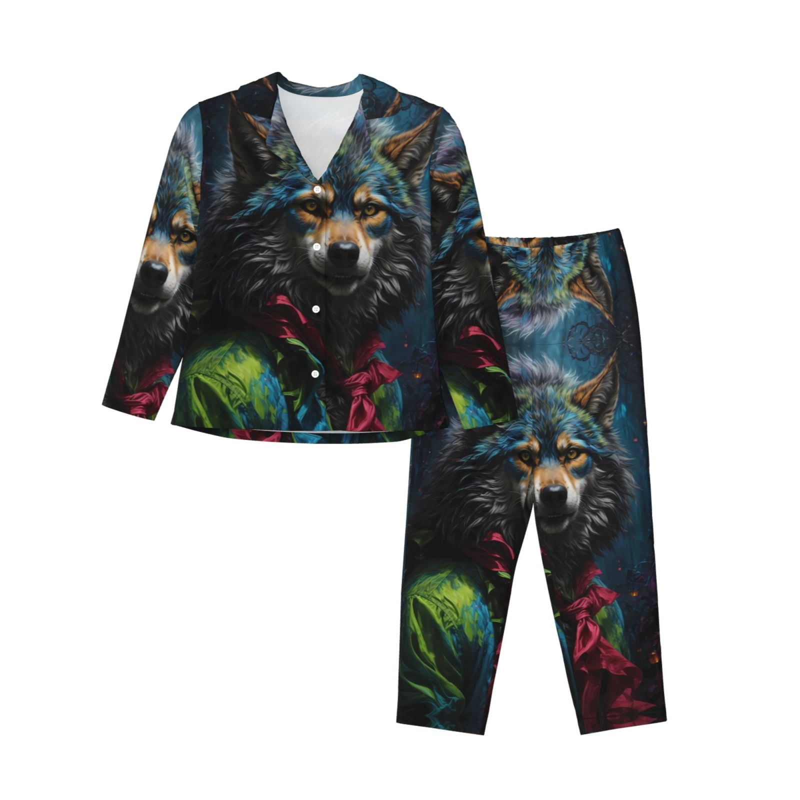 Pajamas for Women Set - Vintage Wolf Warrior Comfy Long Sleeve Button ...