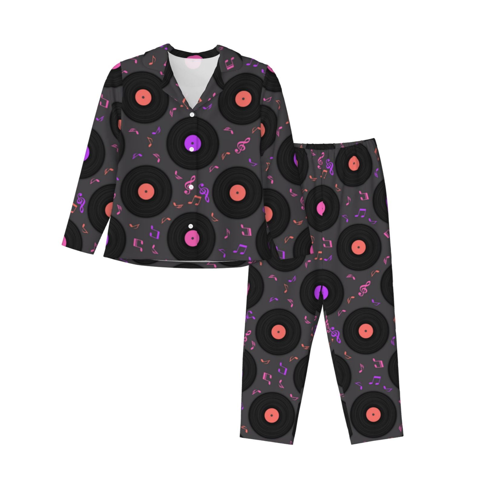 Pajamas for Women Set - Vinyl Records Musical Notes Comfy Long Sleeve ...
