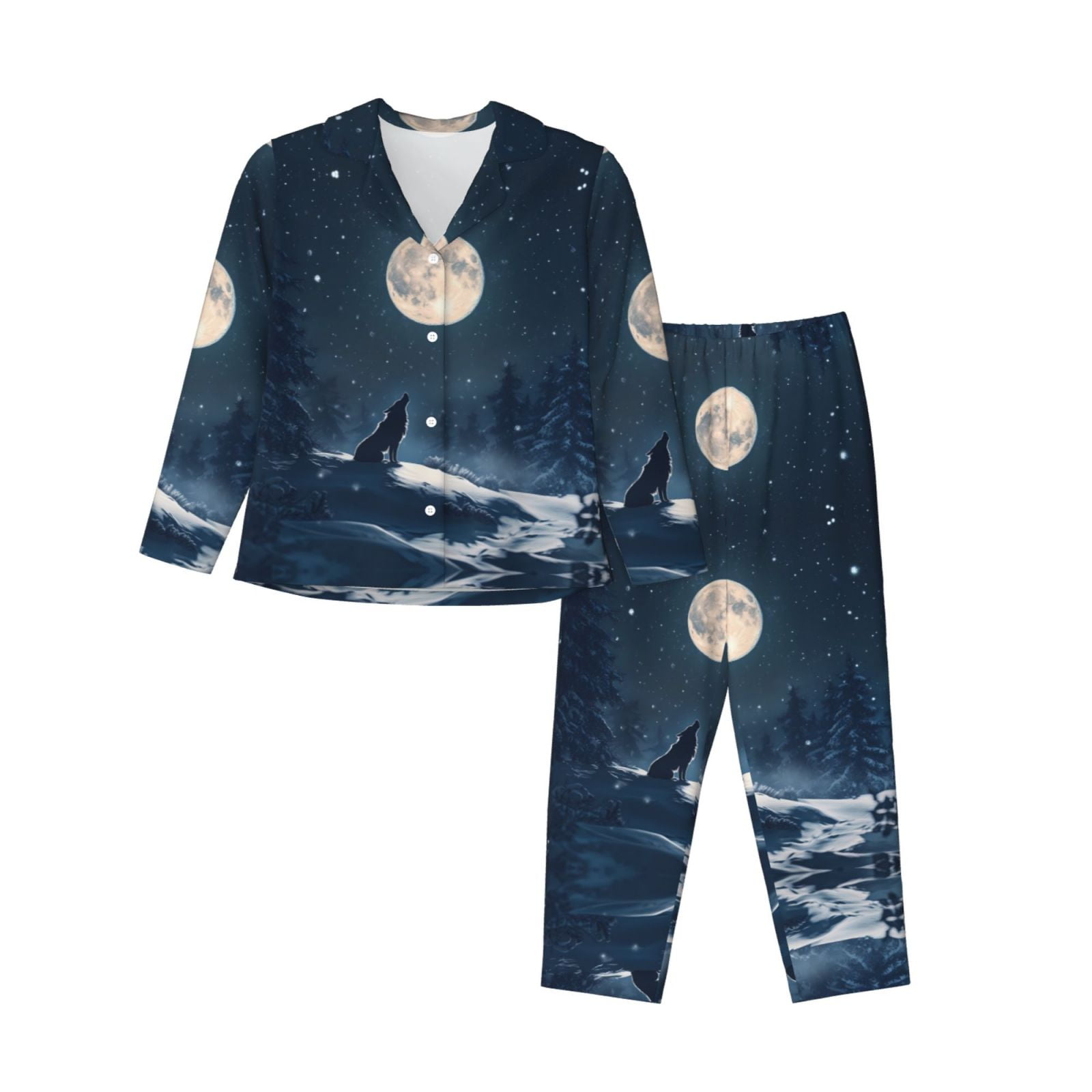 Pajamas for Women Set - Wolf Howling Full Moon Comfy Long Sleeve Button ...
