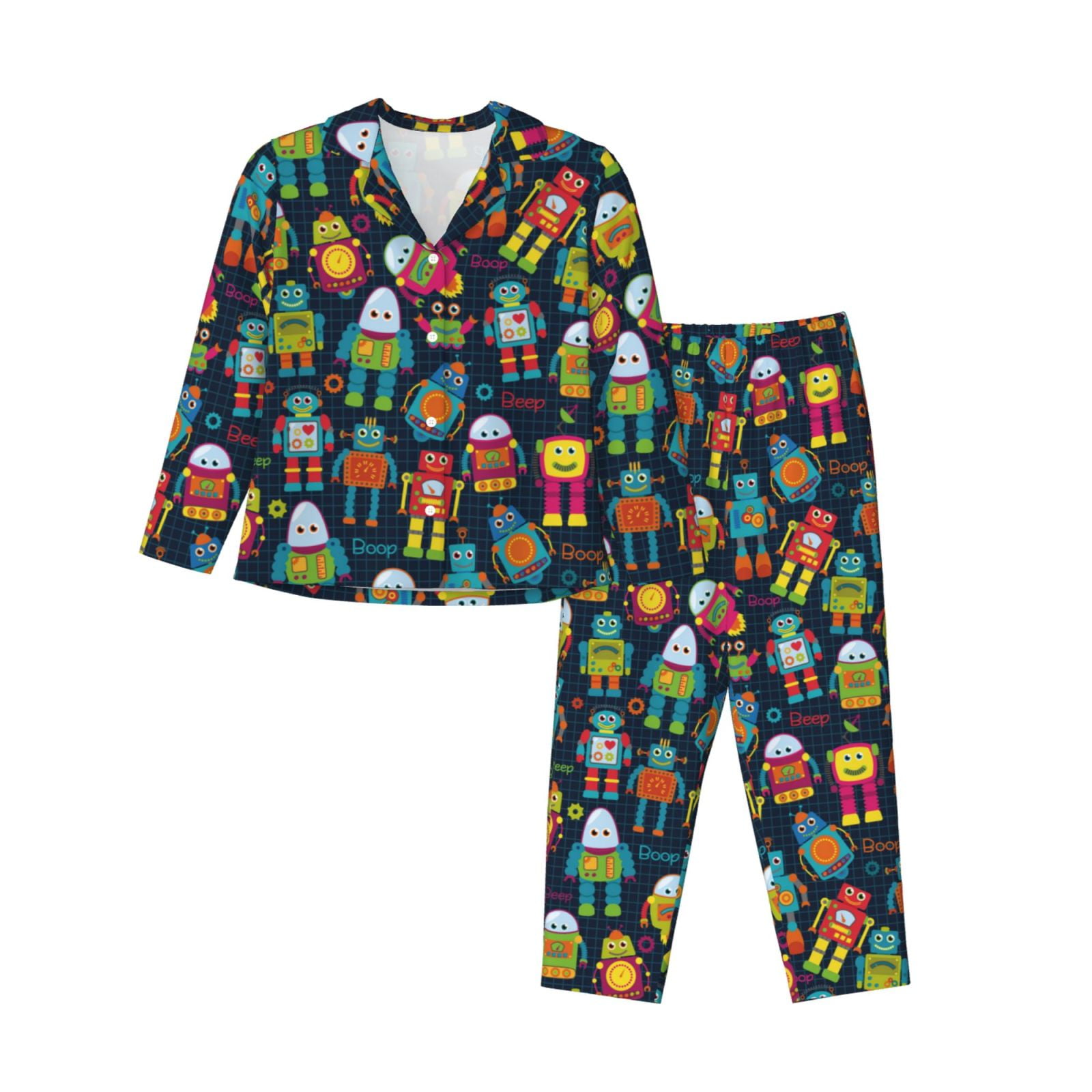Pajamas for Women Set - cartoon robot Comfy Long Sleeve Button Up ...
