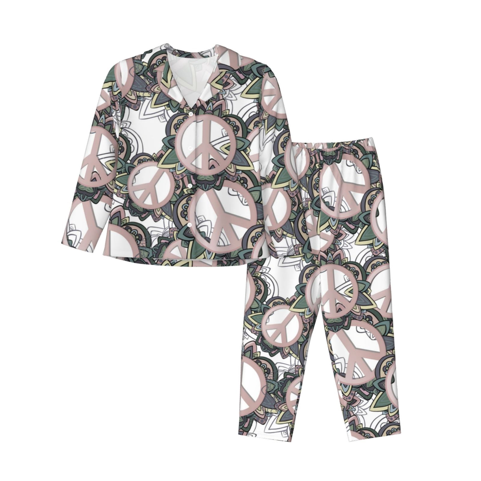 Pajamas for Women Set - cool flower peace sign Comfy Long Sleeve Button ...