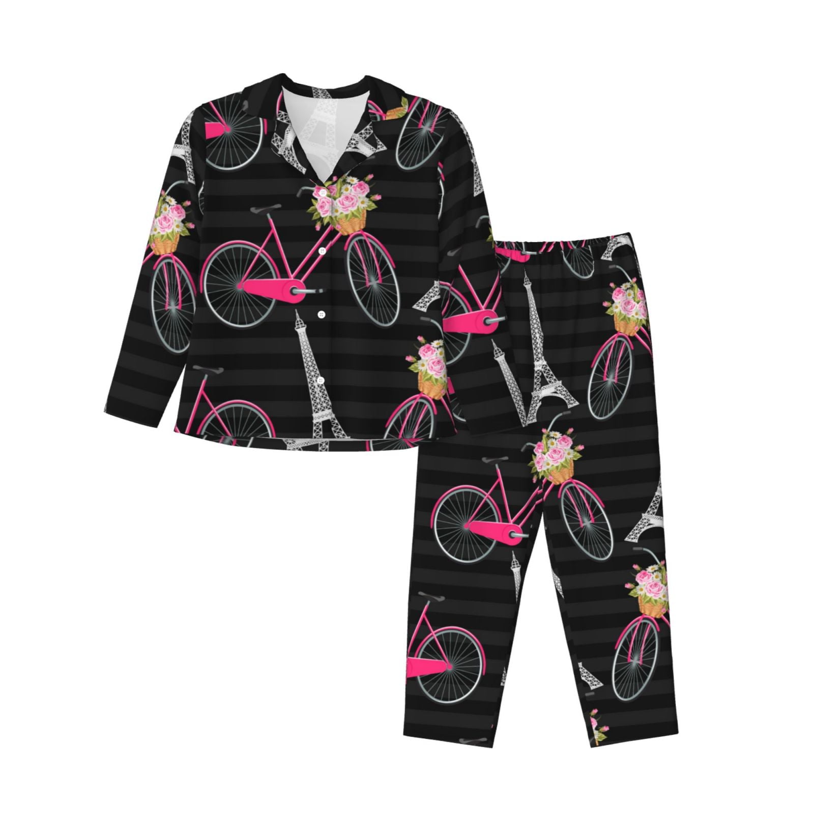 Pajamas for Women Set - flower Tower bike Soft Comfy Long Sleeve Button Up Pajama Sets for Women ...