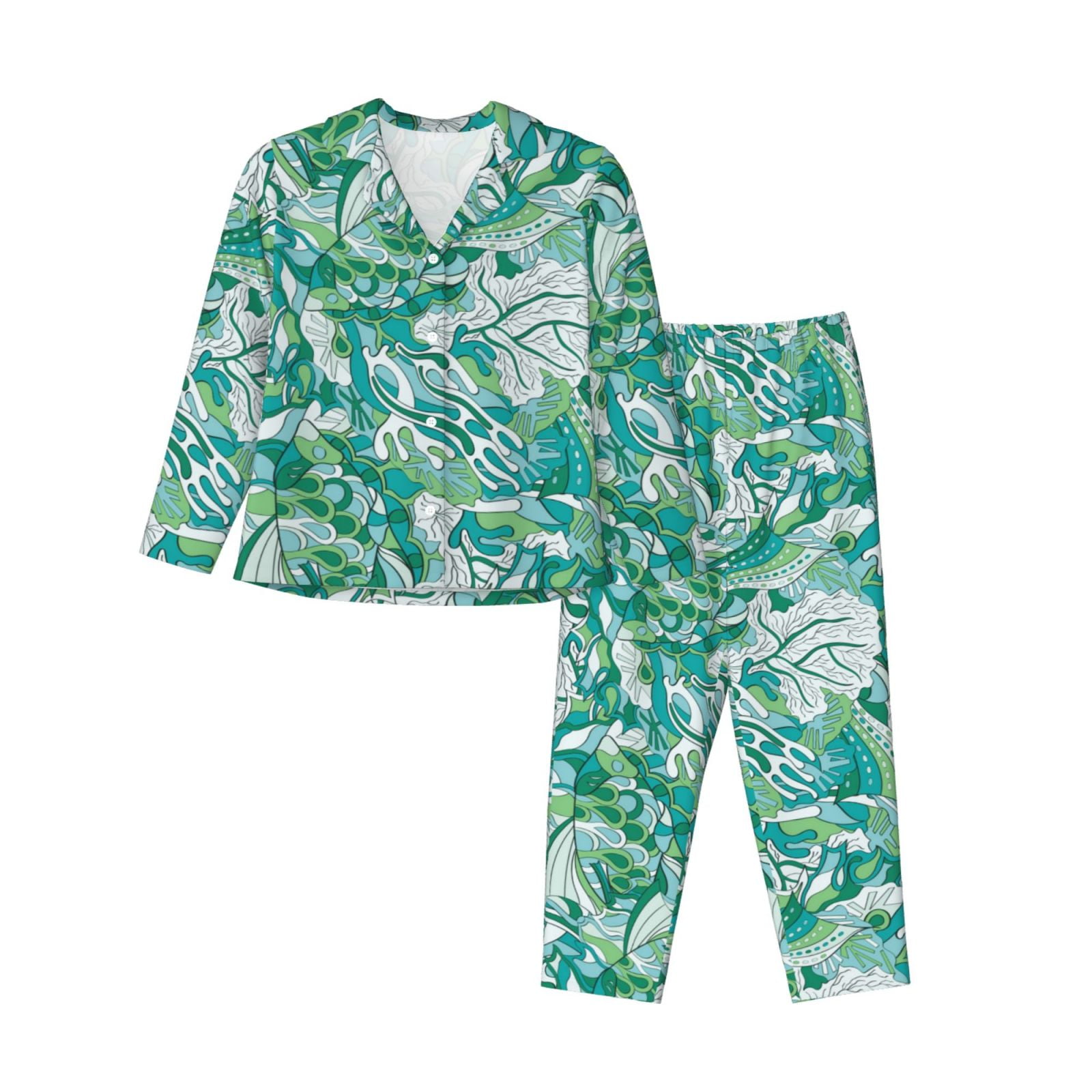 Pajamas for Women Set - green doodle pattern Comfy Long Sleeve Button ...