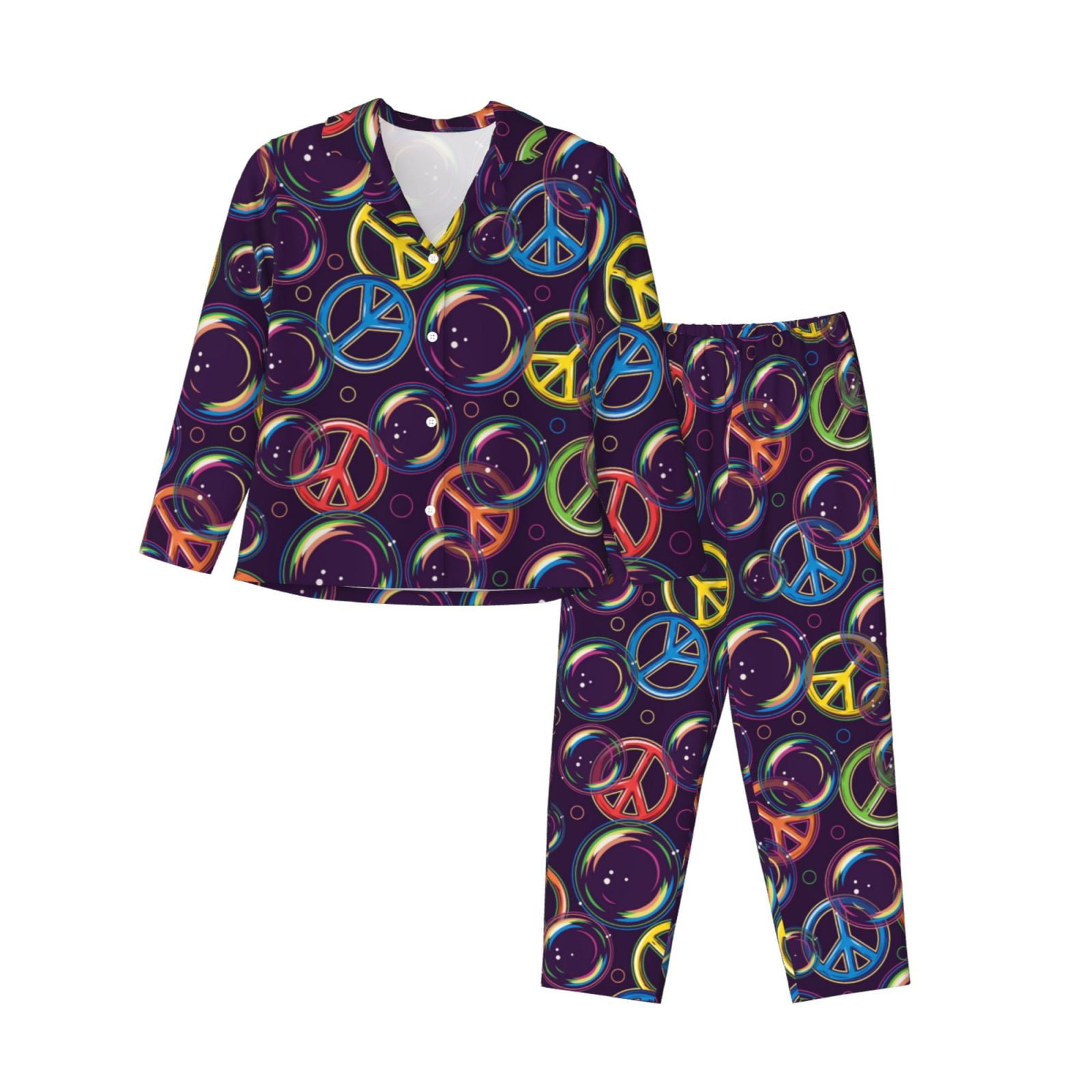 Pajamas for Women Set - peace sign bubbles dark purple Comfy Long ...