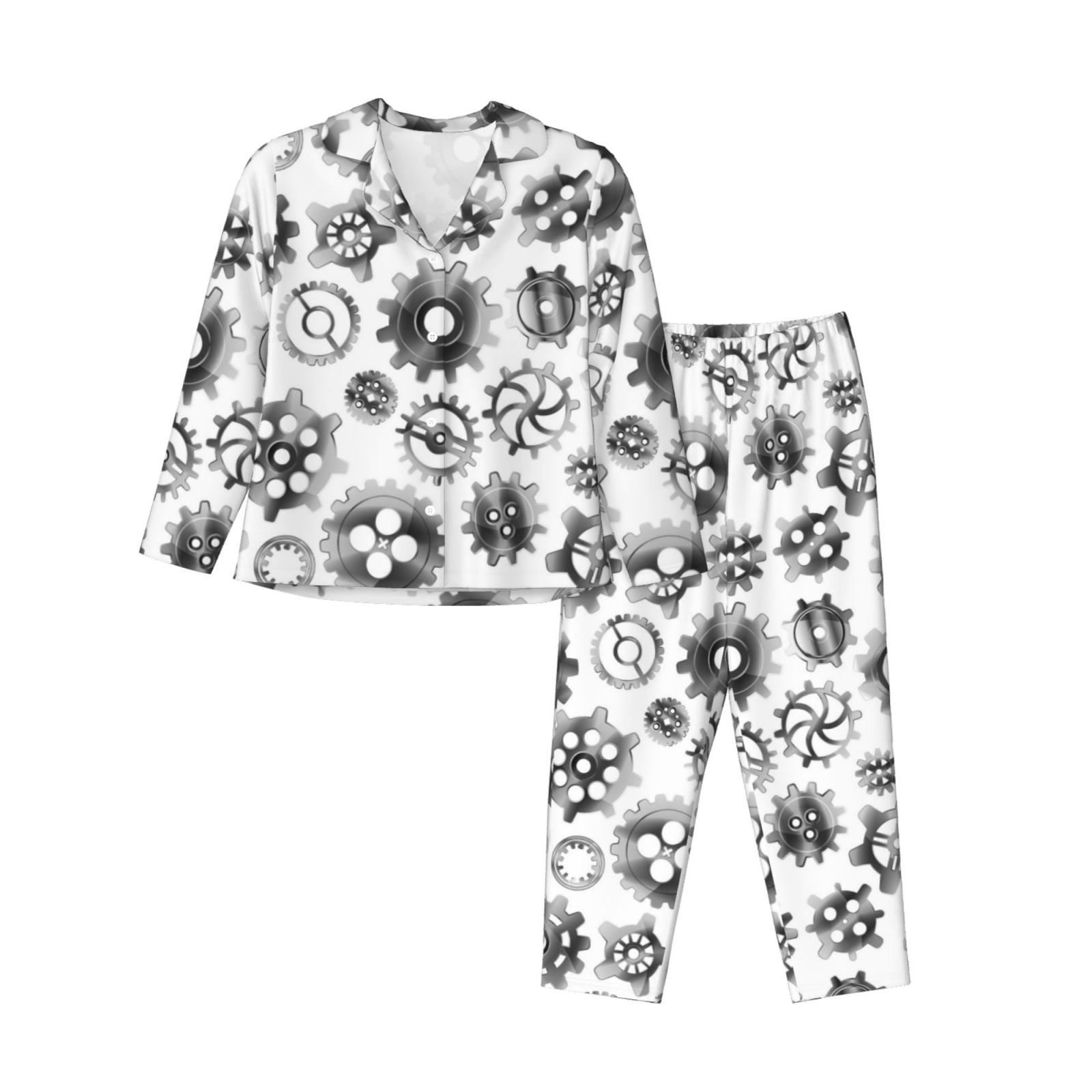 Pajamas for Women Set - silver Gear Pattern Soft Comfy Long Sleeve ...