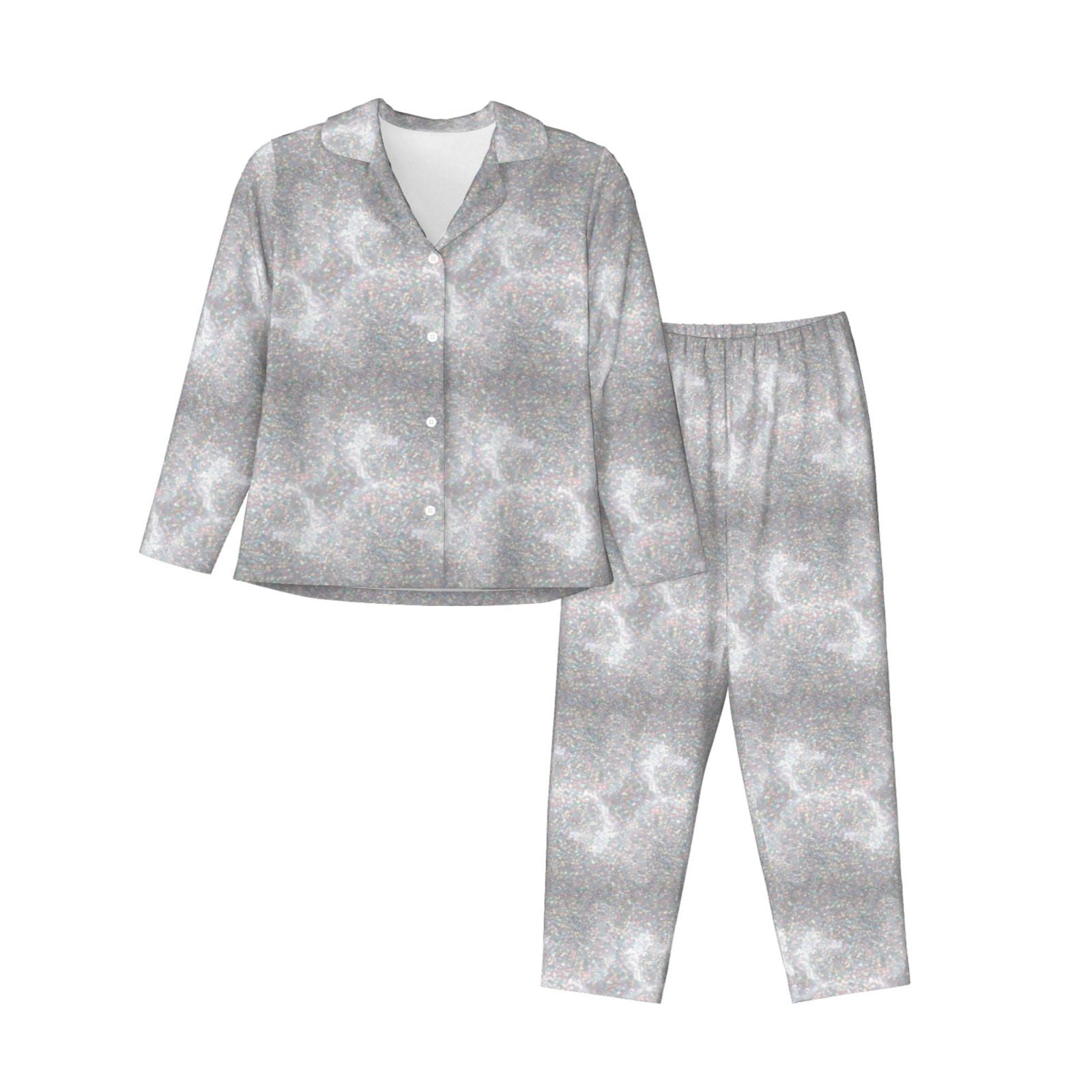 Pajamas for Women Set - silver sparkle glitter Comfy Long Sleeve Button ...