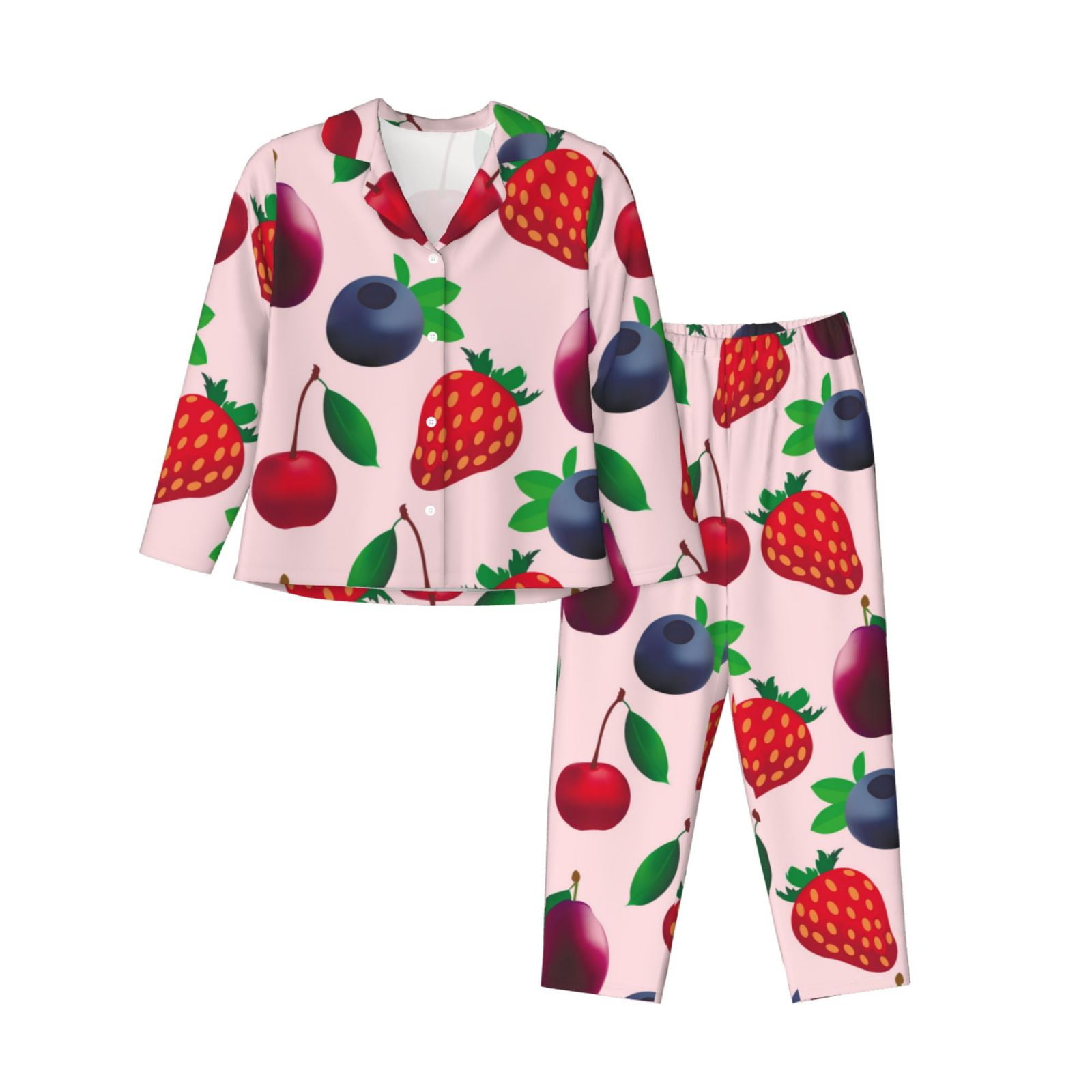 Pajamas for Women Set - strawberry Blueberry design Comfy Long Sleeve ...