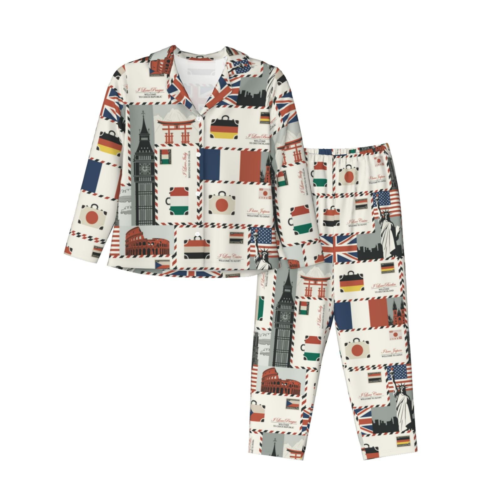 Pajamas for Women Set - world Stamp Pattern Comfy Long Sleeve Button Up ...
