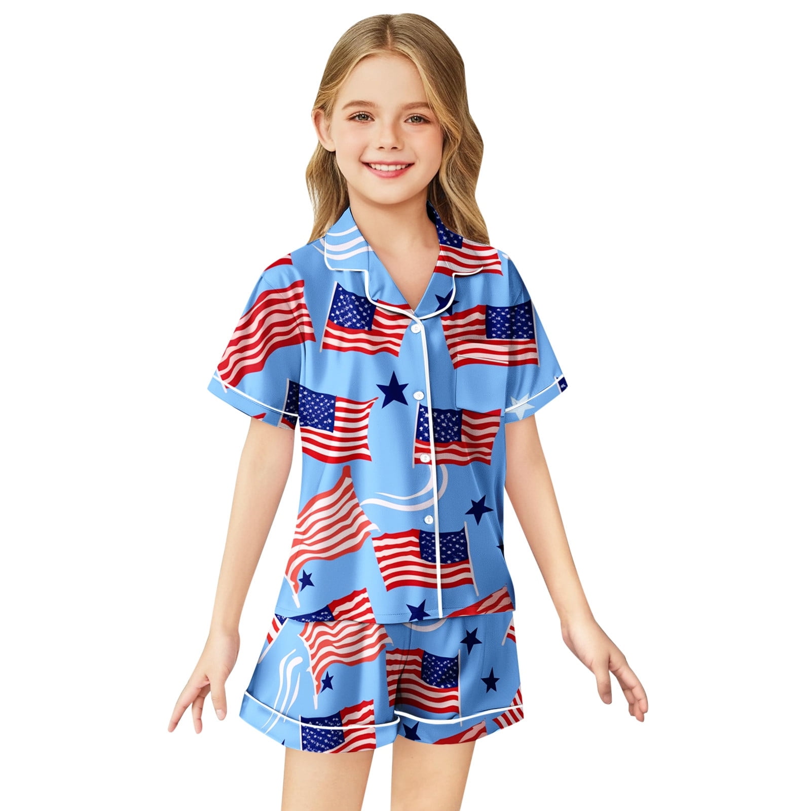 Pajamas for Girls Kids Girls 4Th of July Printed Satin Pajama Set Short ...