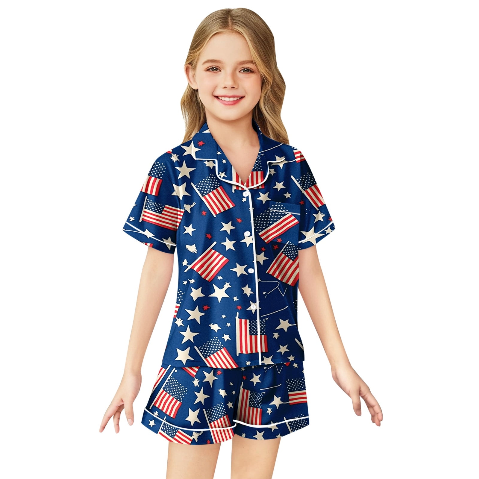 Pajamas for Girls Kids Girls 4Th of July Printed Satin Pajama Set Short ...