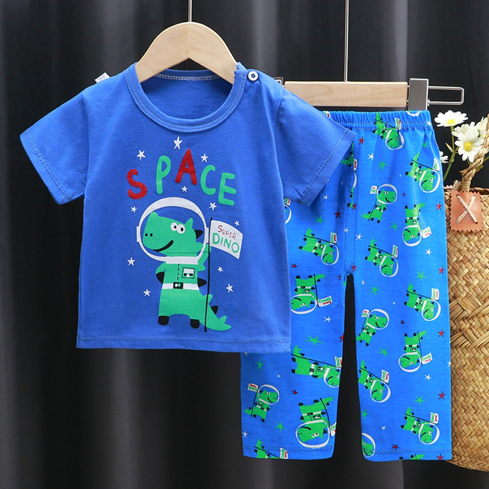 Pajamas for Kids Summer Cartoon Dinosaur Car Prints Kids Baby Thin ...