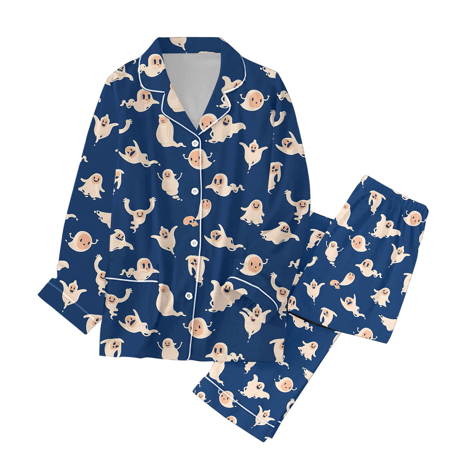 Pajamas for Women Halloween Pumpkin Ghost Print Button Down Long Sleeve ...
