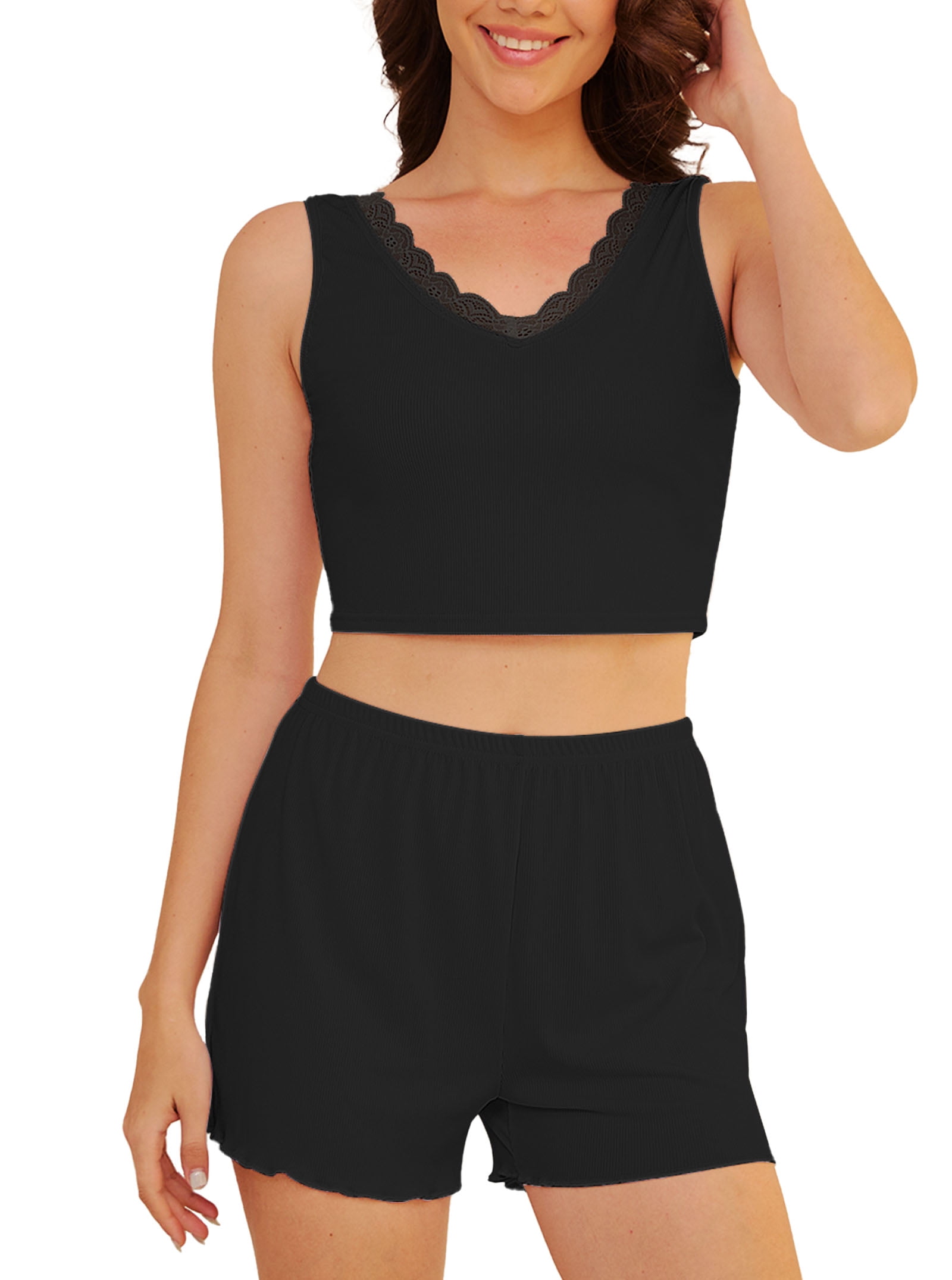 Pajamas for Women, PUTUO Womens Pajama Sets, Lace Soft 2 Piece Crop Top ...
