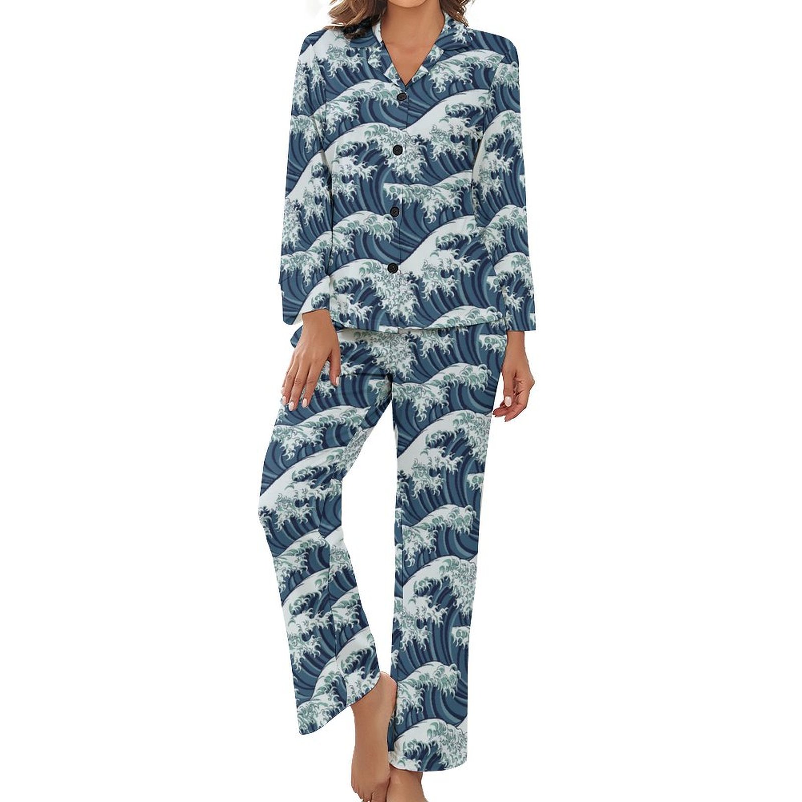 Pajamas for Women Set 2 Piece - A Japanese Great Wave Long Sleeve Satin ...