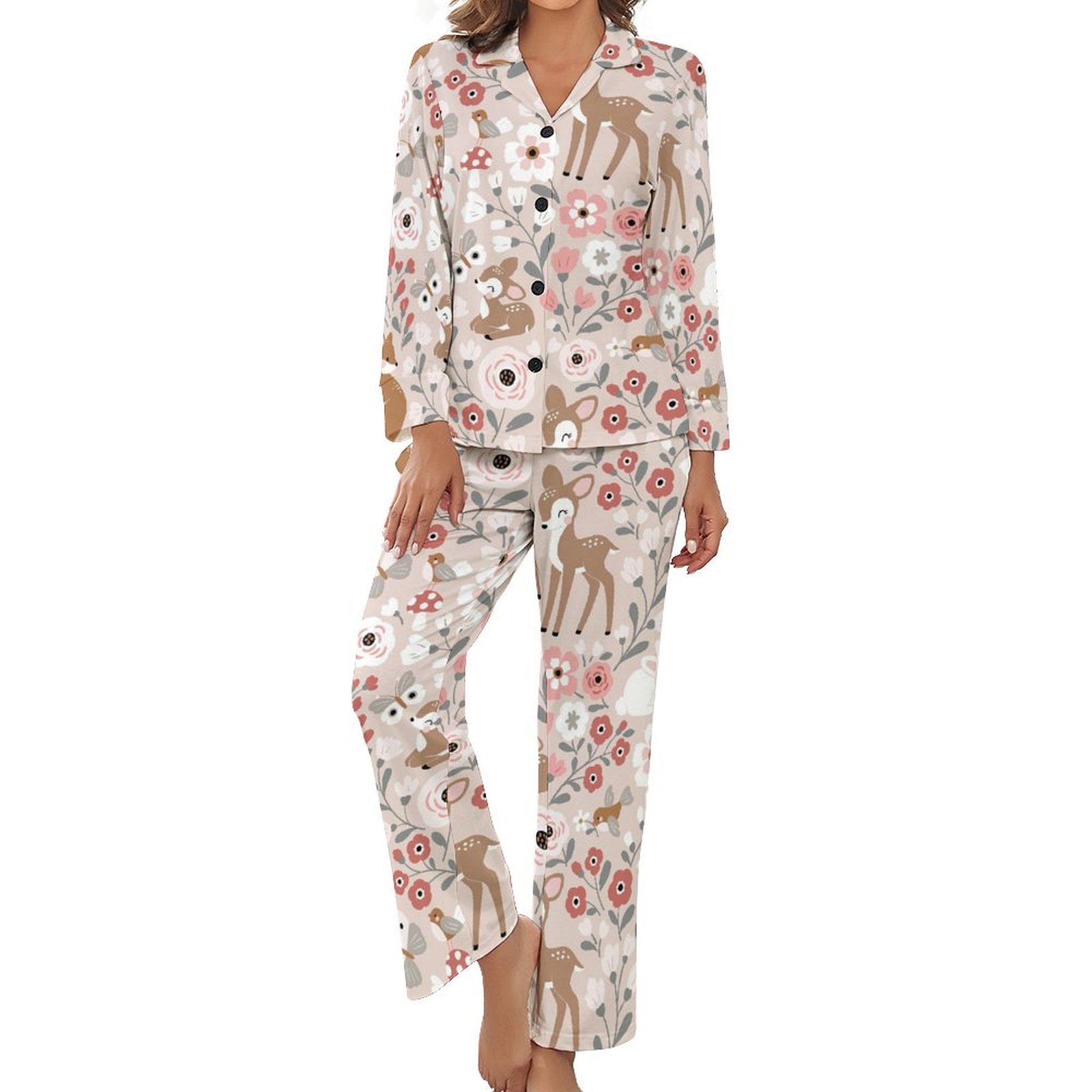 Pajamas for Women Set 2 Piece - Autumn Floral Deer Long Sleeve Satin PJ ...