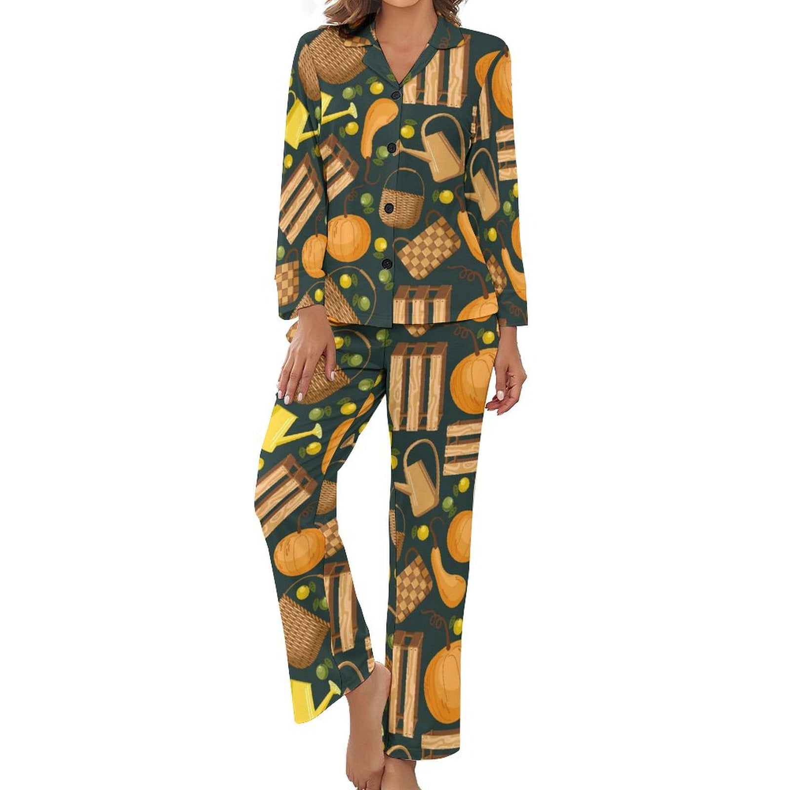 Pajamas for Women Set 2 Piece - Autumn Harvest Pumpkin Basket Long ...