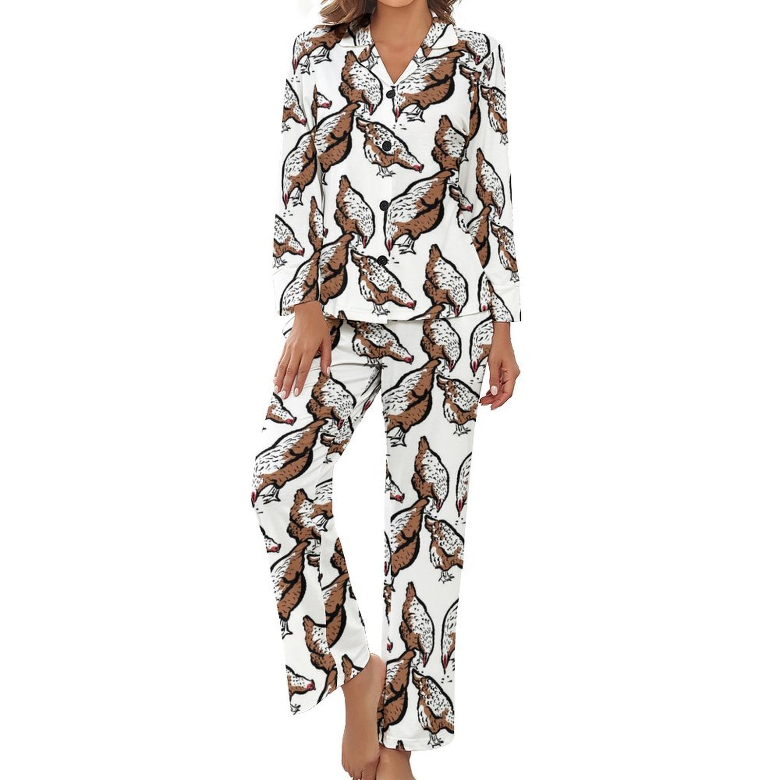 Pajamas for Women Set 2 Piece - Chickens Peck Grain Long Sleeve Satin ...