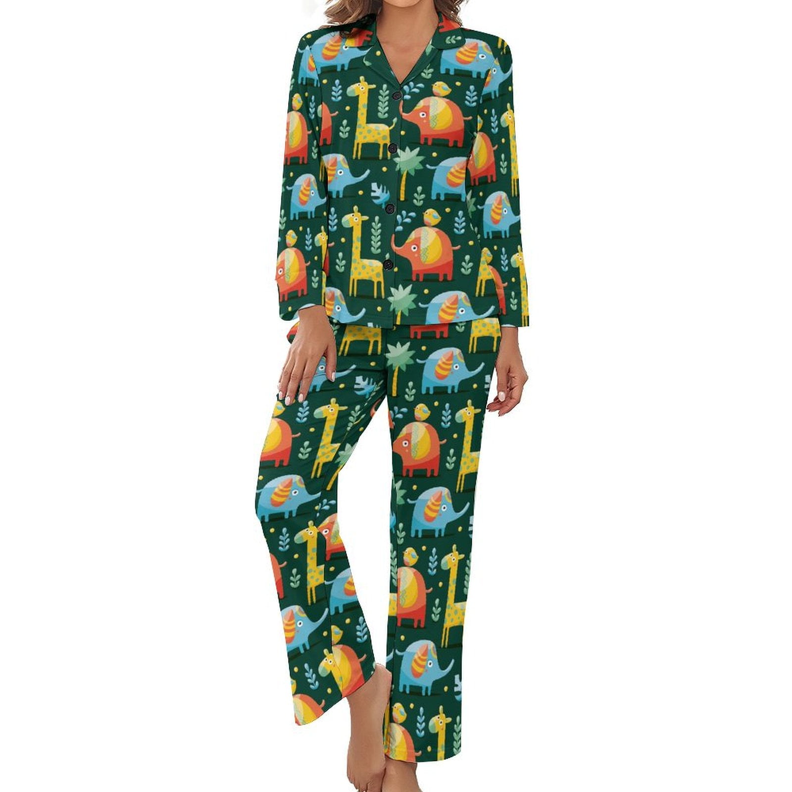 Pajamas for Women Set 2 Piece - Colorful Elephants Long Sleeve Satin PJ ...