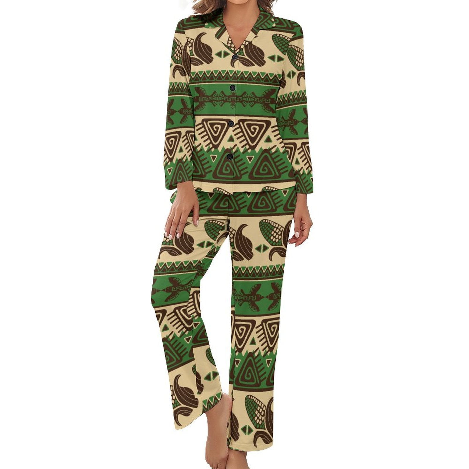 Pajamas for Women Set 2 Piece - Dark Green Vintage Corn Pattern Long ...