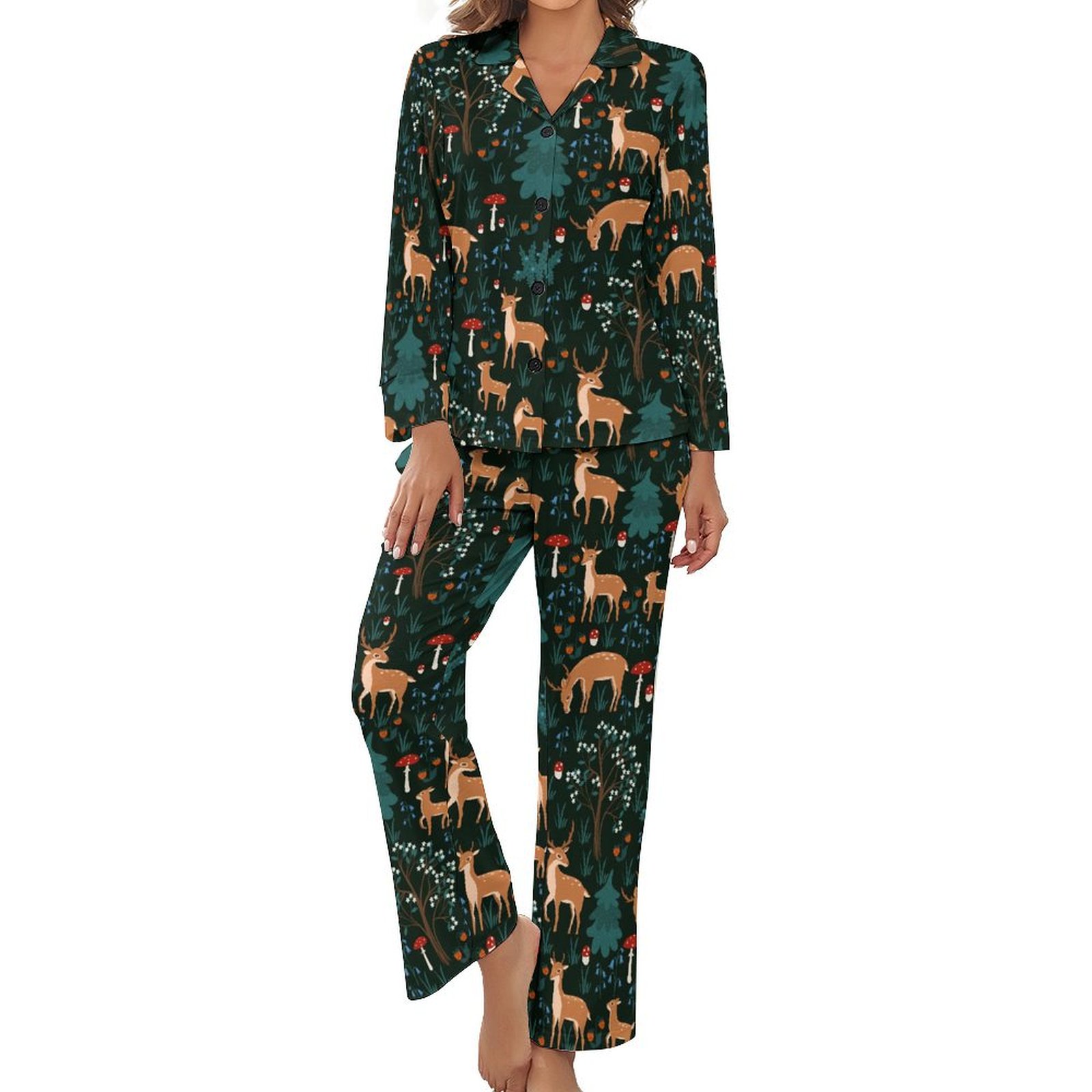 Pajamas for Women Set 2 Piece - Deers In The Forest Long Sleeve Satin ...