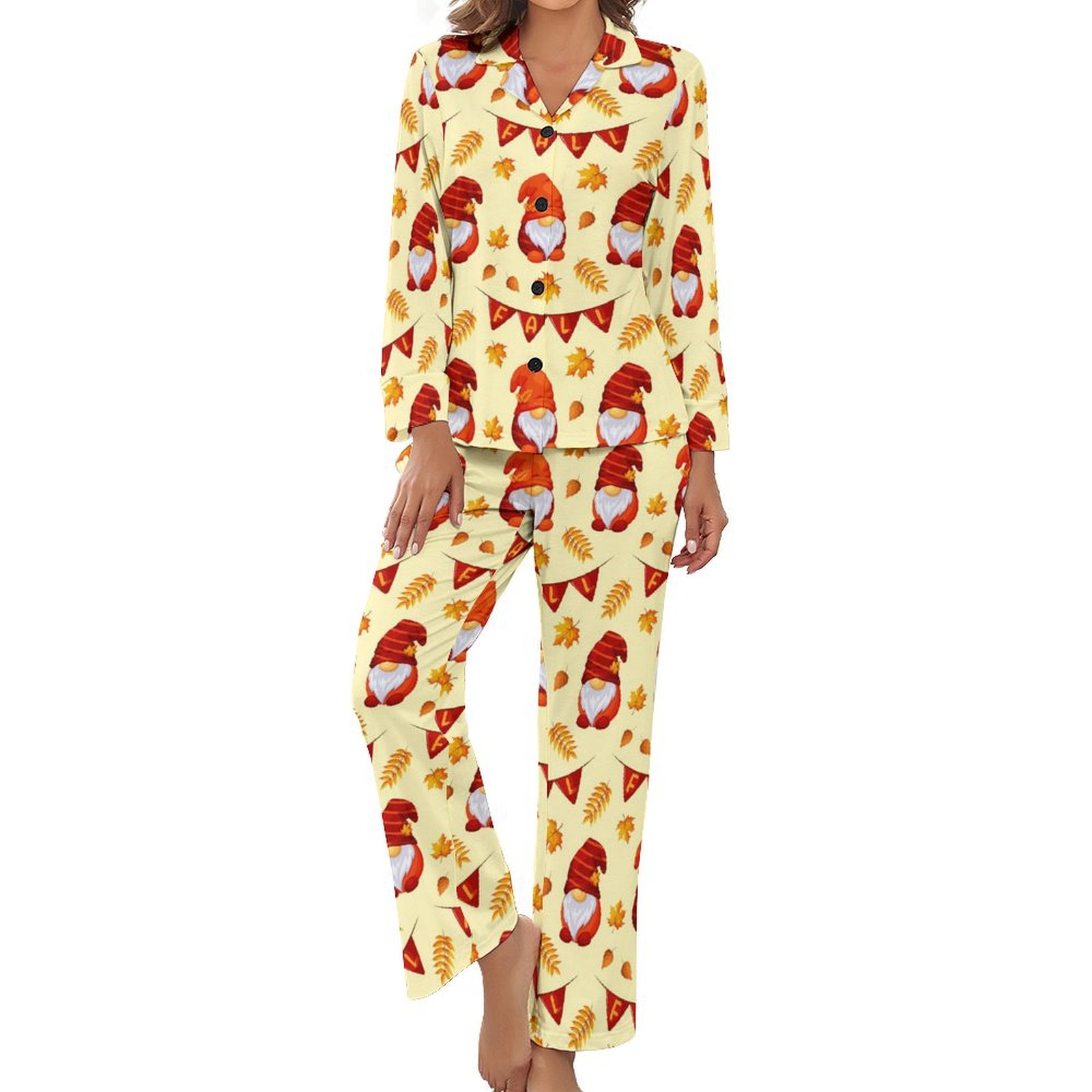 Pajamas for Women Set 2 Piece - Fall Gnomes Long Sleeve Satin PJ Sets ...